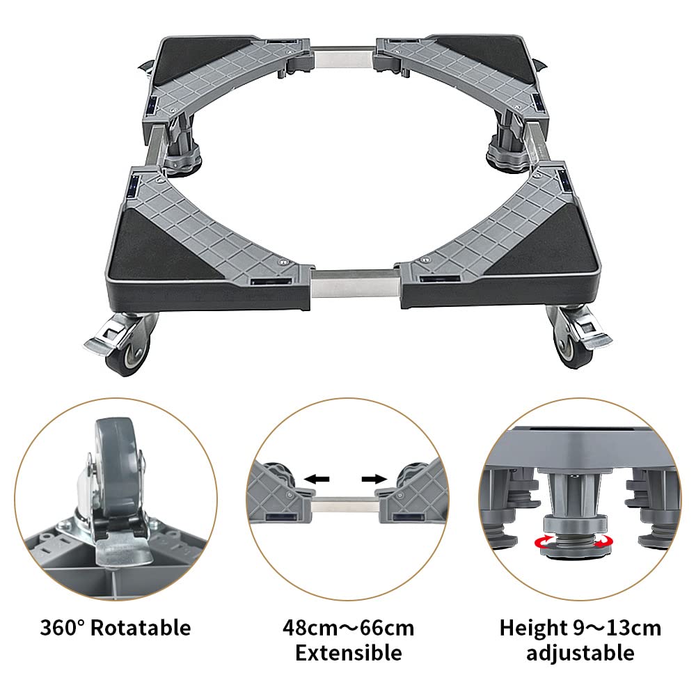 Multi-functional Adjustable Washing Machine Stand Base Furniture Fridge Stand with 4 Strong Bearing Feet and 4 Wheels, Movable Refrigerator Stand Dryer Base, Color Gray