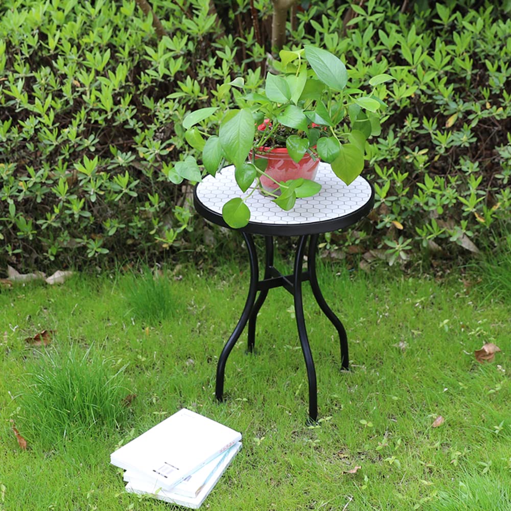 MEMAEMO Outdoor Side Table Round Small End Tables with 14" Ceramic Tile Top Metal Scrollwork Accent Table,Mosaic Coffee Tea Table for Patio, Porch, Garden, Pool (White)