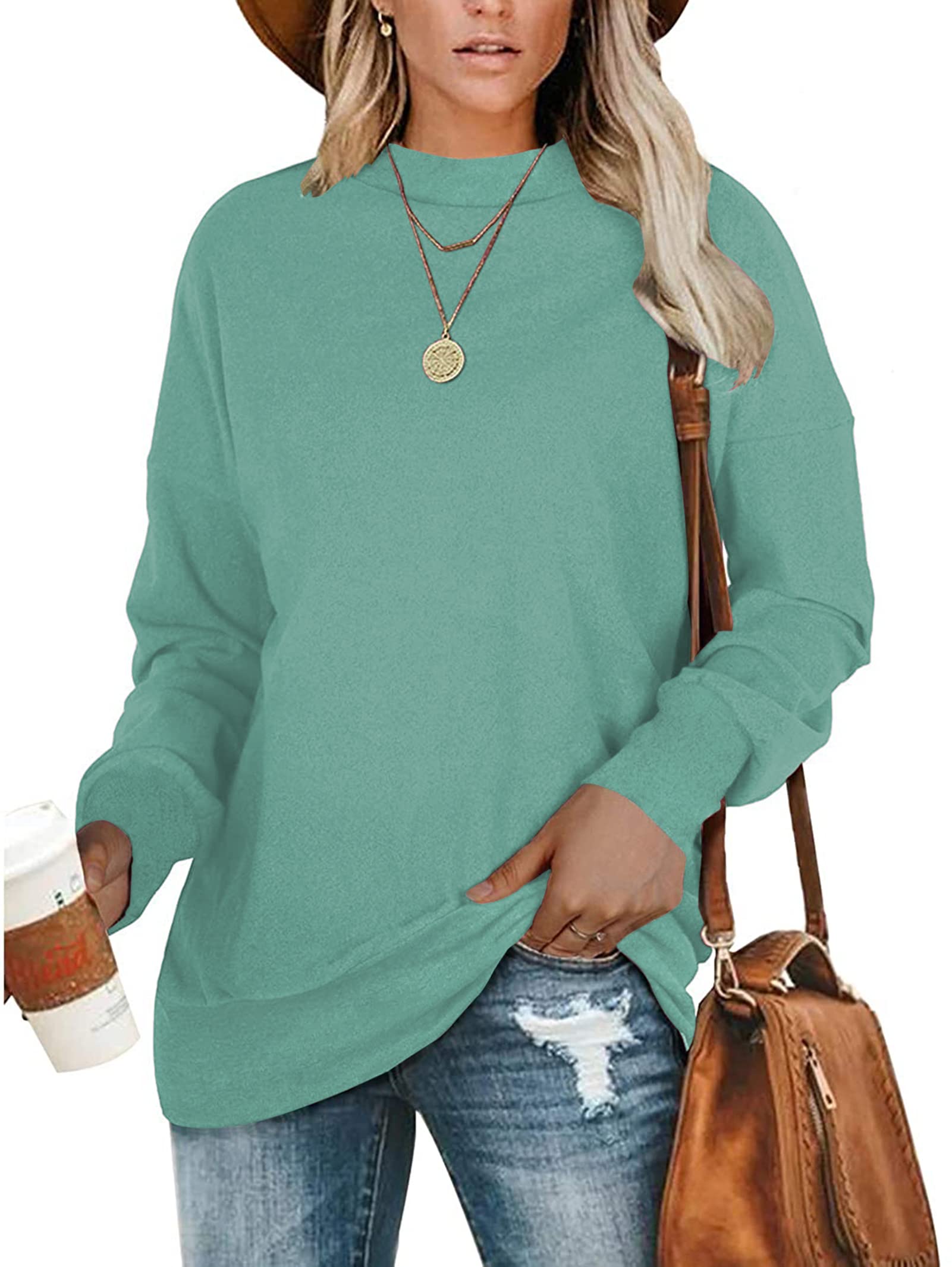 PLMOKEN Plus Size Crewneck Sweatshirt Women Oversized Pullover Tunic Tops Winter Solid Color(Light Green,4XL)