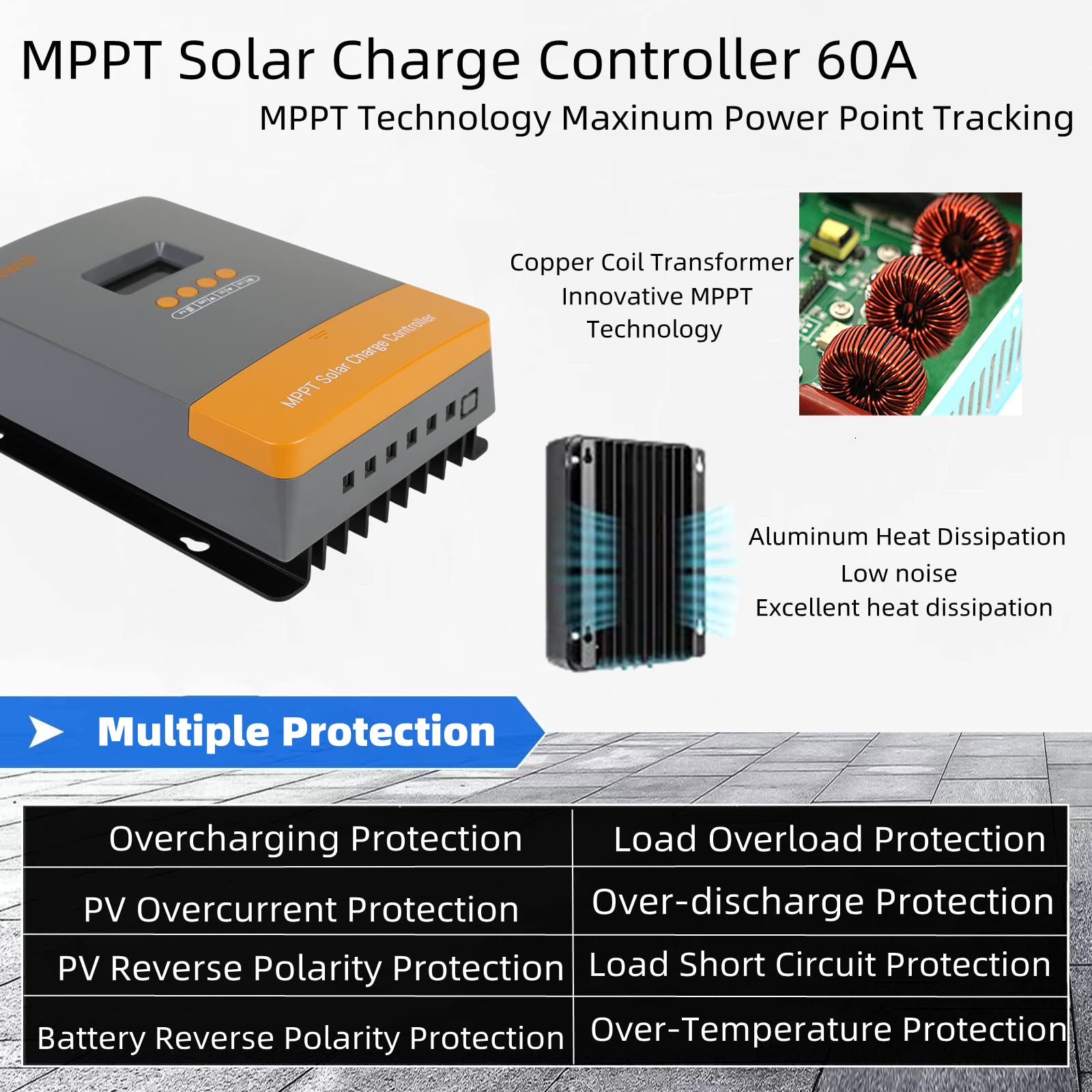 MPPT Solar Charge Controller 60A 12V/24V/36V/48V Auto 60 amp Charge Controller with 2000W Pure Sine Wave Inverter 12V DC to 110V AC Converter for Home RV Off-Grid for Lead Acid and Lithium Battery