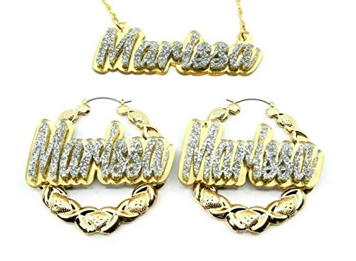 Name Necklace Plate Personalized Custom Nameplate and 2.5" XOXO Gold Earrings Made To Order Any Name Jewelry Set Laser Cut Diamond Look Glitter Script Cursive Letters, Quality Gold Chain, Stunning