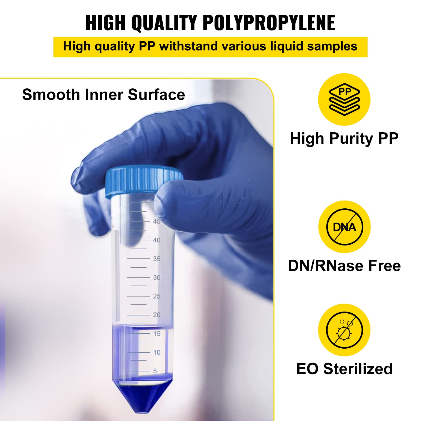 VEVOR Conical Centrifuge Tubes, 50mL, 500Pcs PP EO Sterilized Graduated Container w/Leak-Proof Screw Cap, Write Mark & Test Tube Rack, DN/RNase Free, for Sample Storage & Separate, Blue & Orange