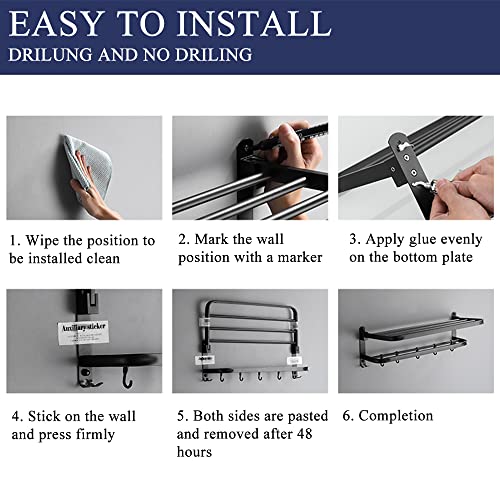 WKZZTCGD Black Bathroom Towel Rack,Stainless Steel Towel Holder with Hooks,Wall Mounted Foldable Double-Deck Shelf Bars