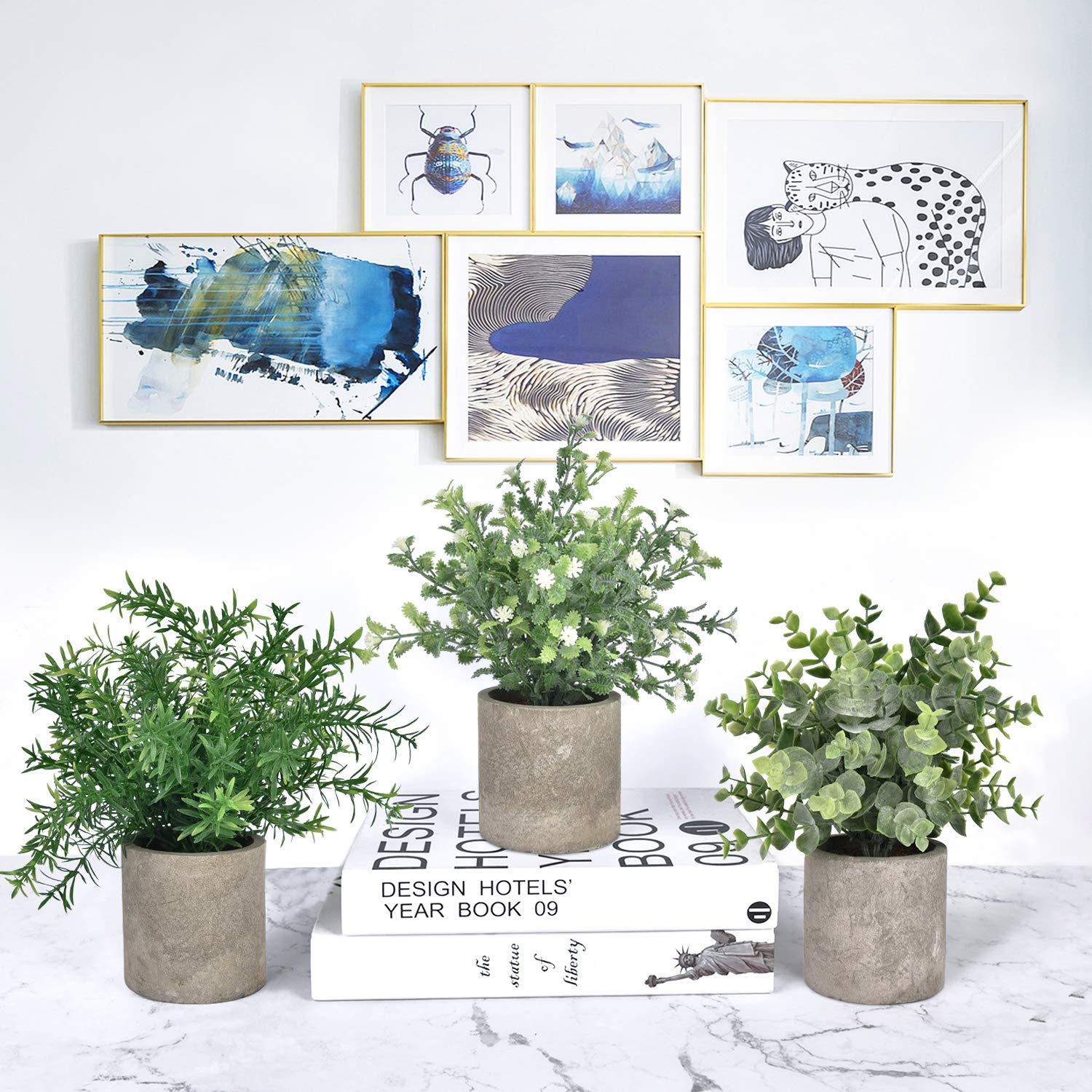 MARTINE MALL Fake Eucalyptus Pot Artificial Eucalyptus Plants with Vase 3 Pack Mini Fake Eucalyptus Plants for Indoor House Office Restaurant or Outdoor Garden Wedding Decorations 9.4in Tall