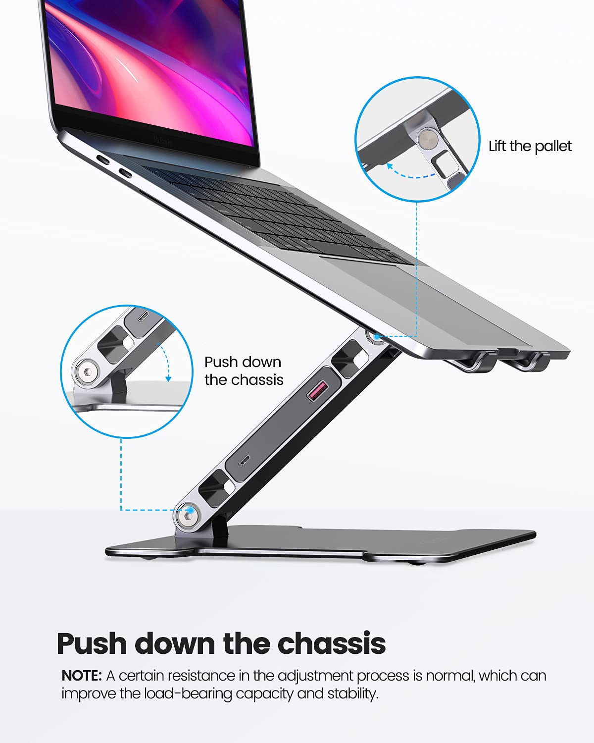 ORICO Adjustable Laptop Stand with 4 Port USB 3.0 Hub, Aluminum Computer Riser Compatible with MacBook Air Pro, Dell XPS, 10-15.6" Notebook and Tablet (Silver)