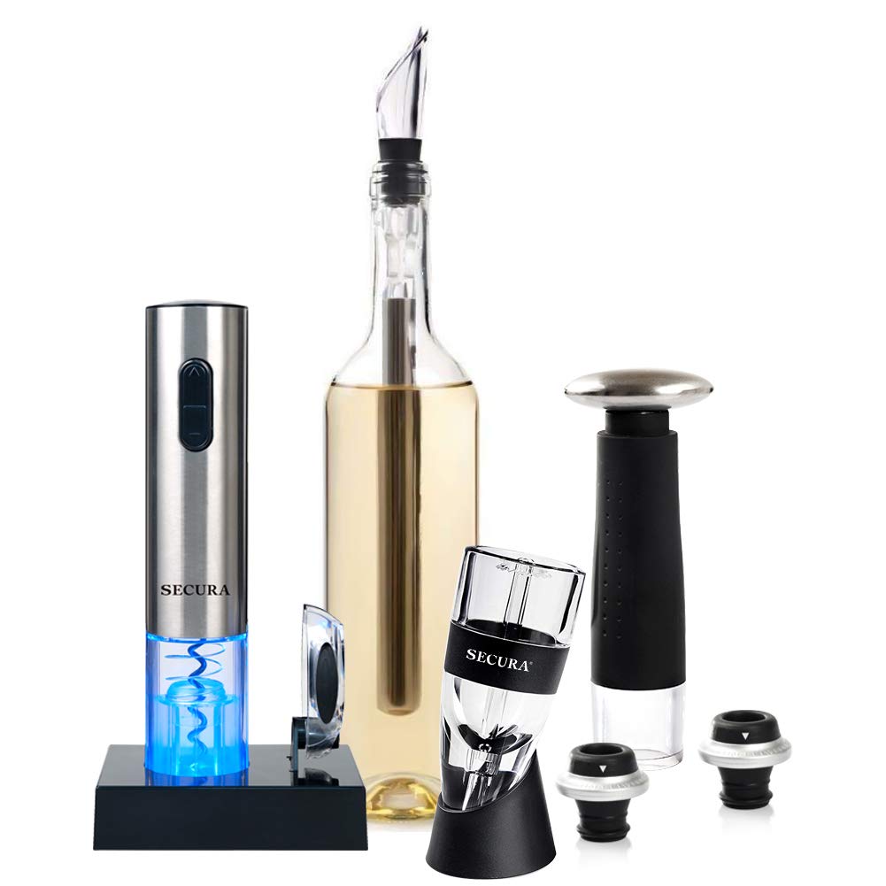 Secura 12-Piece Wine Accessories Set Electric Wine Opener, Wine Foil Cutter, Wine Aerator, Wine Saver Vacuum Pump and 2 Wine Stoppers