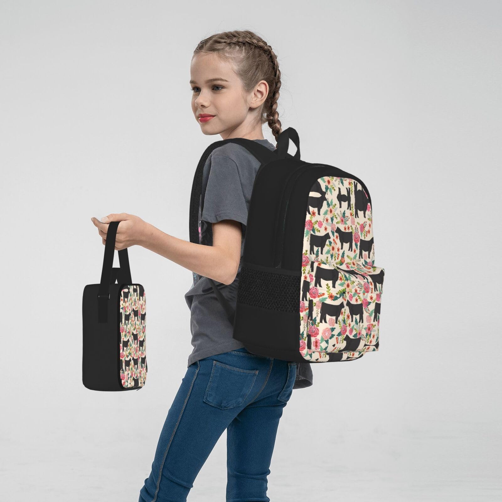 MQGMZ Pink Flower Show Steer Cows Cattle Print Backpack 3 Pcs Set Travel Hiking Lightweight Water Laptop Pencil Case Insulated Lunch Bag