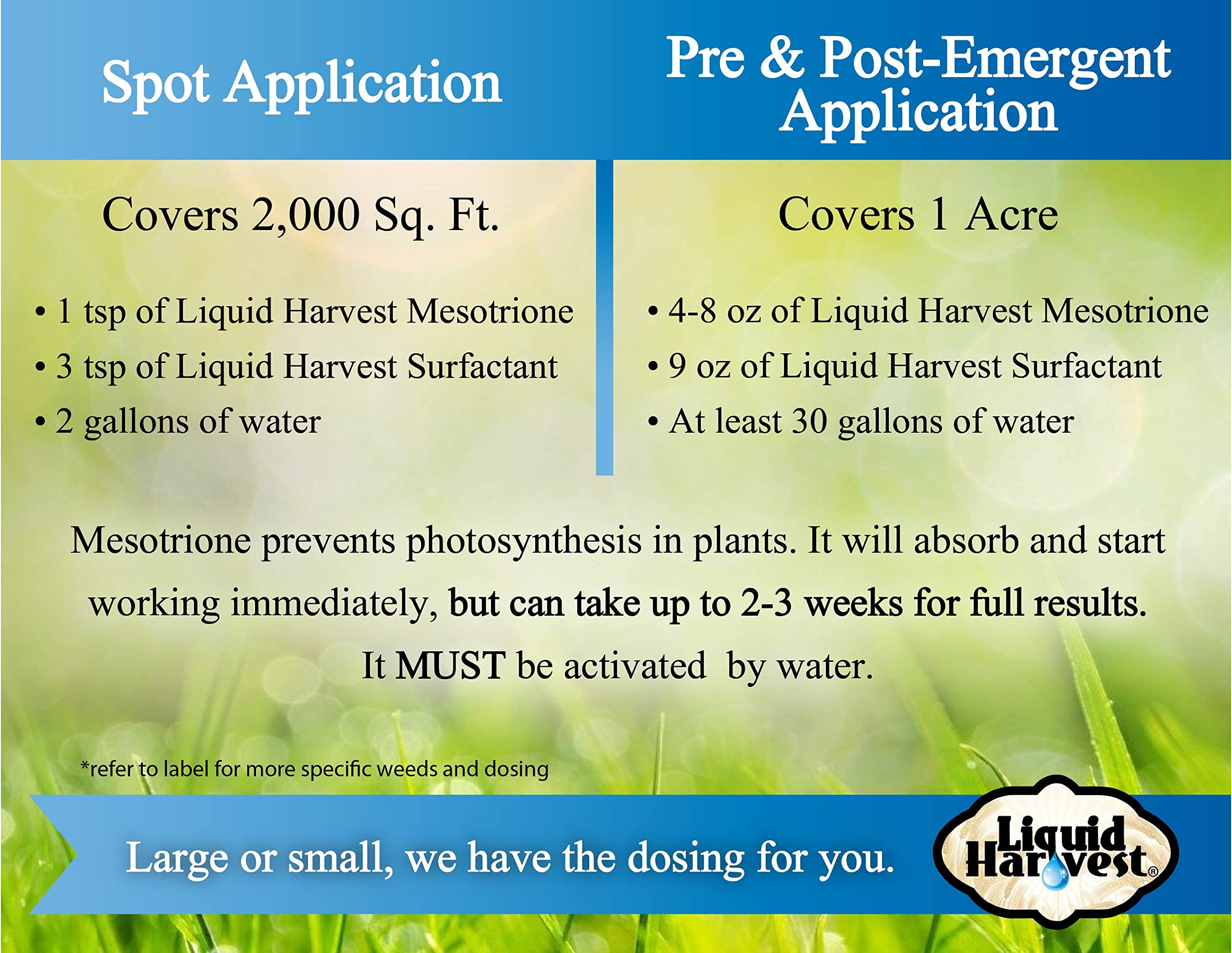 Liquid Harvest Mesotrione - 32oz - Mesotrione Concentrate (Compare to Tenacity) - Pre and Post-Emergent Weed Killer for Lawn and Turf Grasses