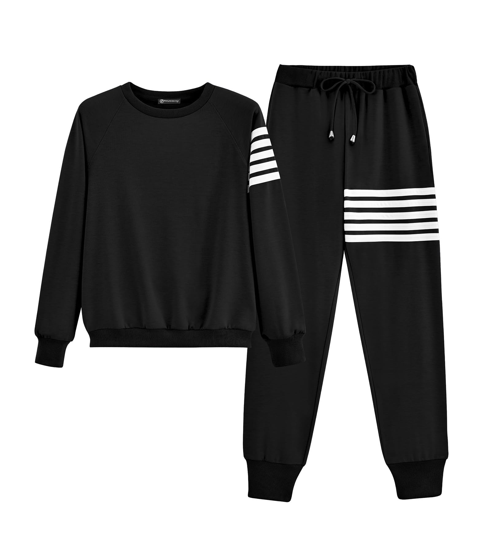PRETTYGARDEN Women's Two Piece Striped Outfits Casual Long Sleeve Top and Sweatpants Matching Tracksuit Jogger Set (Black,Medium)