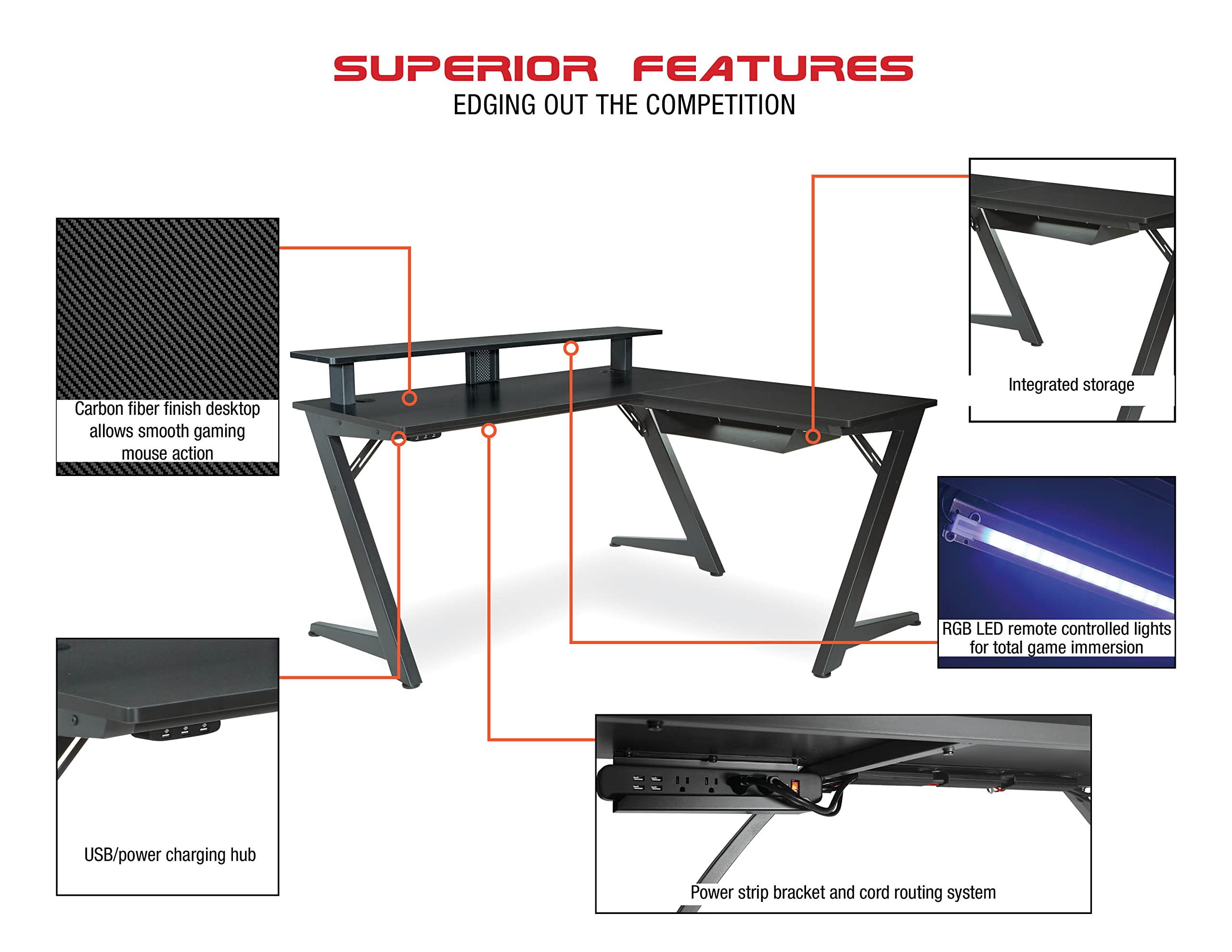 OSP Home Furnishings Avatar Battlestation L-Shape Gaming Desk with Bluetooth RGB LED Lights and Carbon Fiber Surface, Red