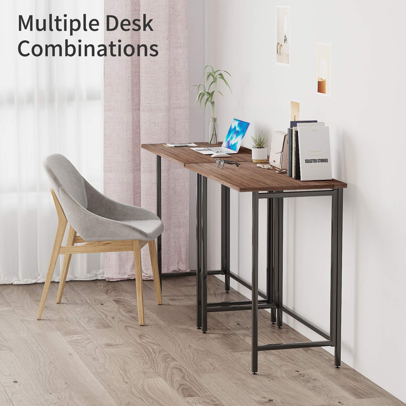 NOBLEWELL Folding Desk No Assembly Small Foldable Computer Desk, Home Office Writing Desk for Small Space, Grained Brown