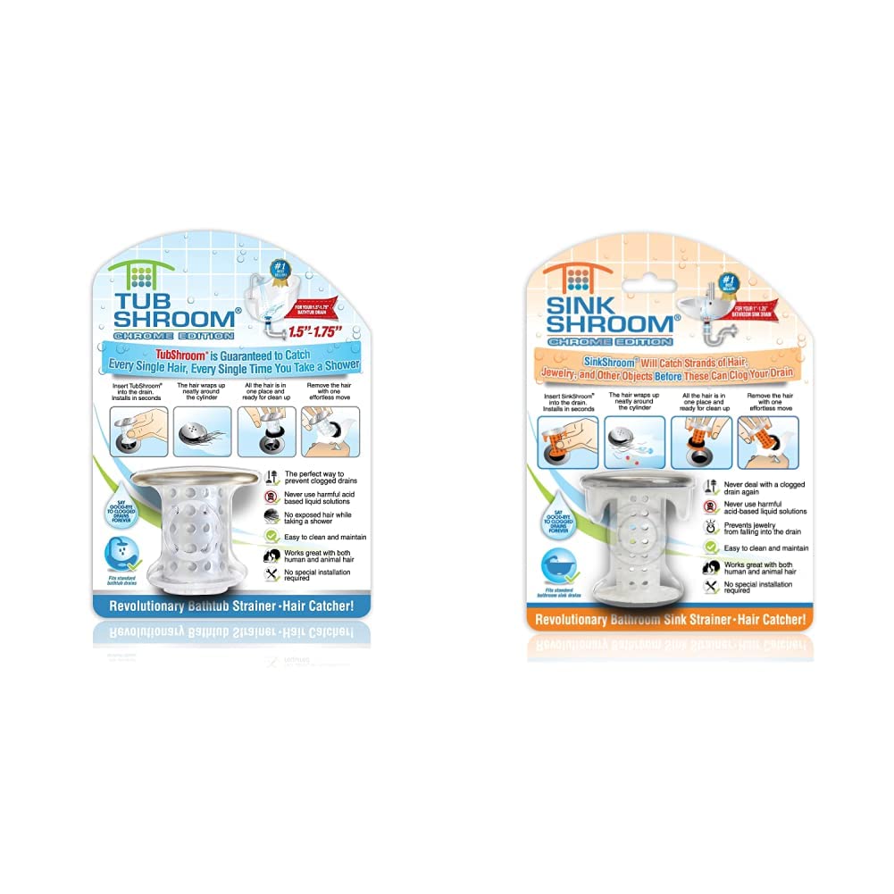 TubShroom Tub Drain Hair Catcher, Chrome & SinkShroom Revolutionary Bathroom Sink Drain Protector Hair Catcher, Strainer, Snare, Sinkshroom Chrome Edition, 1" -1.4"