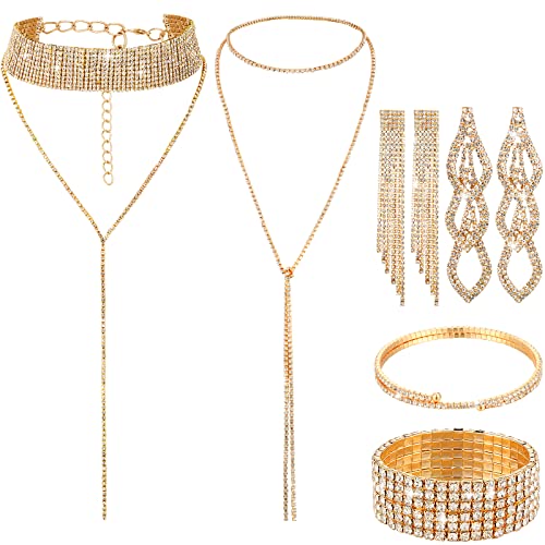 MTLEE 6 Pieces Women Rhinestone Jewelry Set Layered Choker Necklaces Long Tassel Necklaces Crystal Bracelet Cuff Bangles Diamond Tassel Dangle Earrings (Gold)