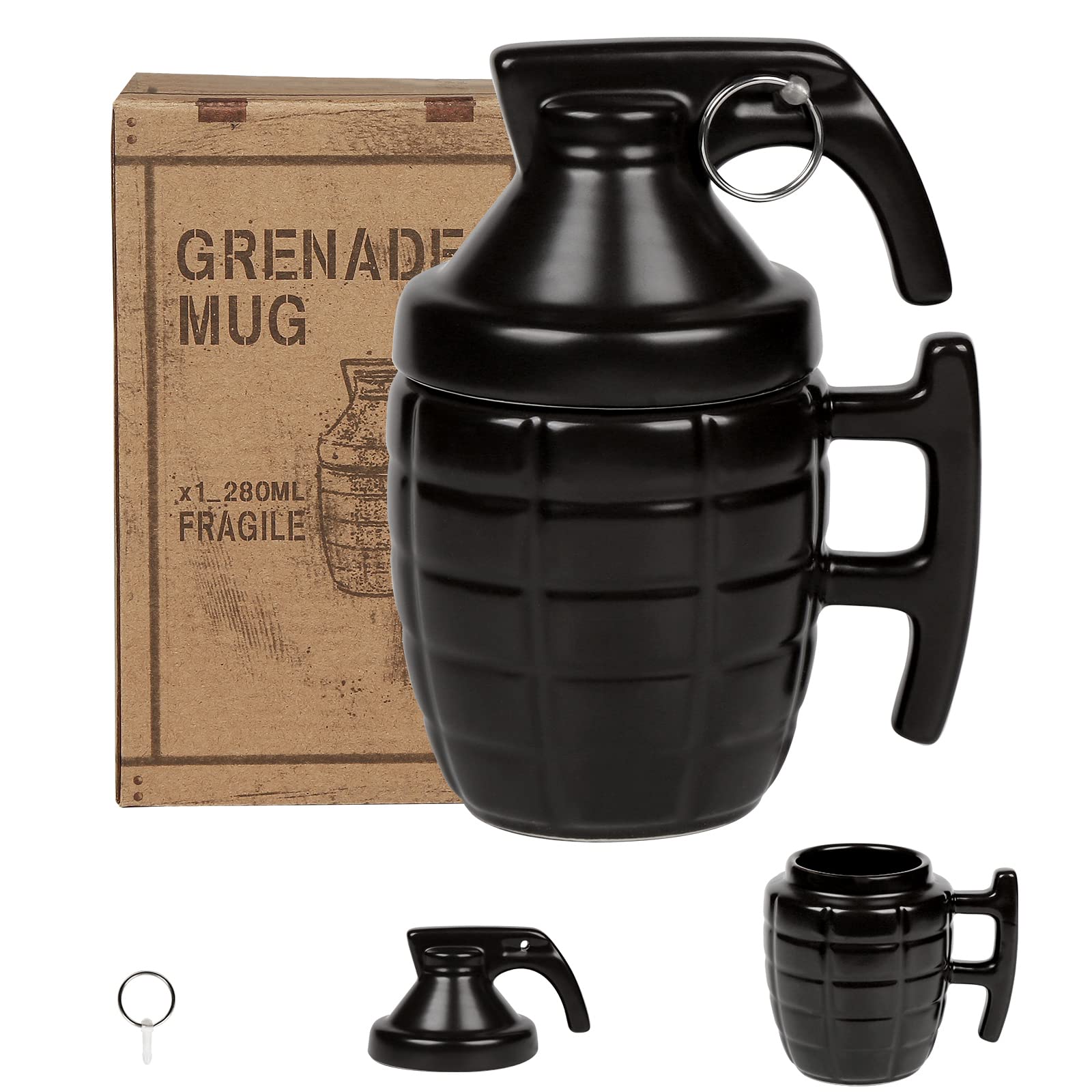 loobuu Fashion Ceramic Coffee Tea Cup, Special Cool Coffee Mug 3D Cool Grenade Design Durable Coffee Tea Cup Attractive Mugs Personalized Porcelain Gifts for Men Women- 9.4OZ (Grenade)