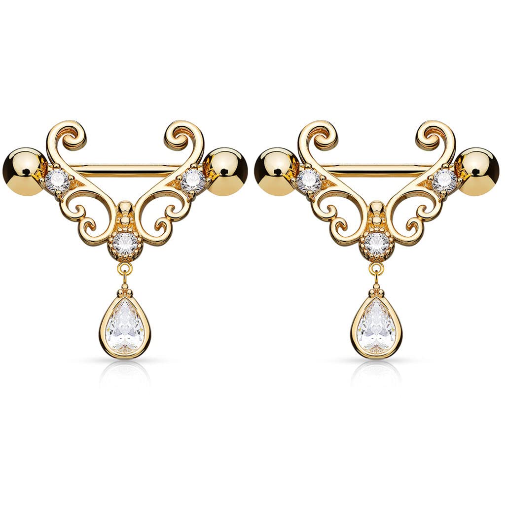 Pair of CZ Tear Drop Dangle Heart 14K Gold Plated Nipple Rings Barbell 14g 9/16" - Rose Gold