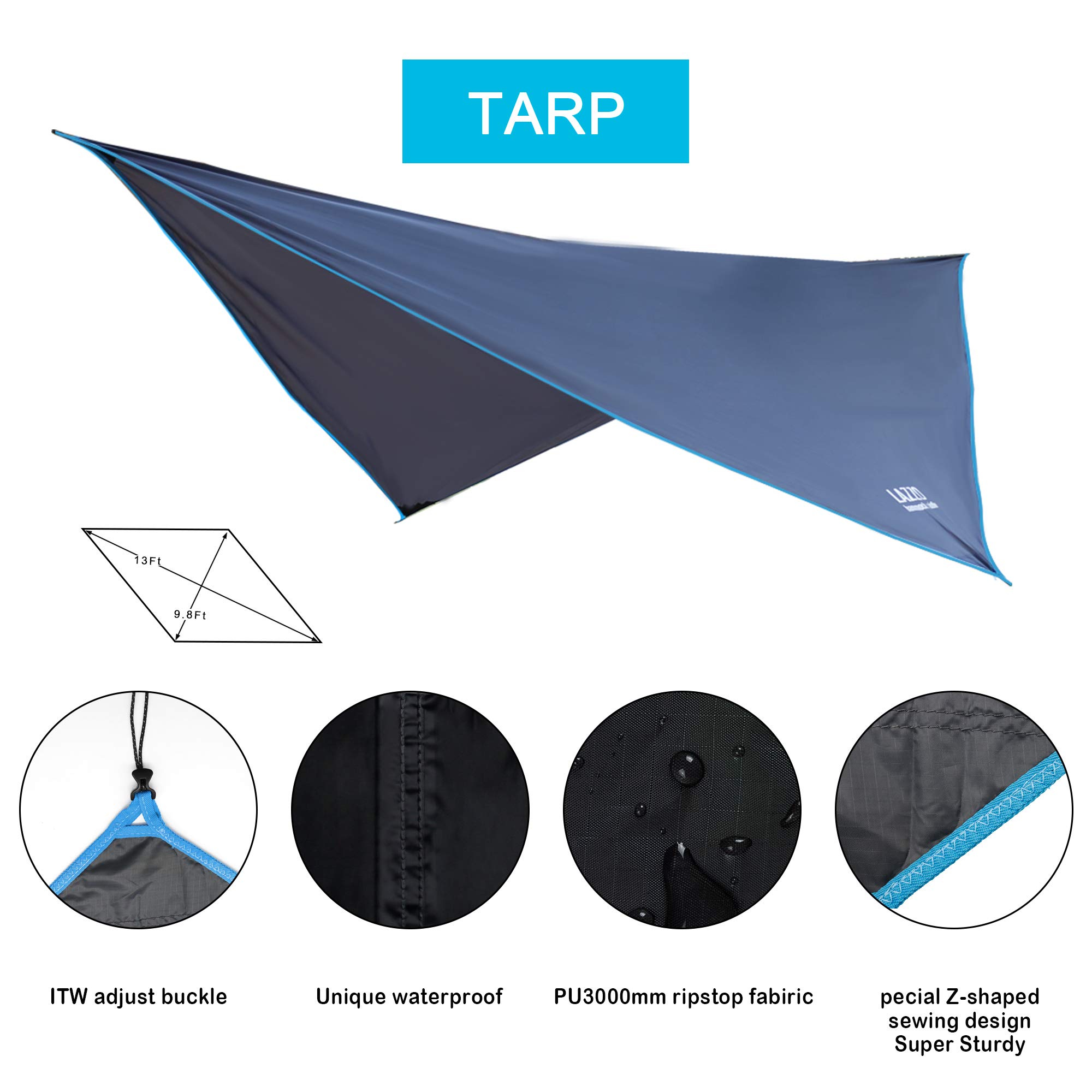LAZZO Camping Hammock Set All-Inclusive,Single Hammock, Net,Tarp,Suspension,Guyline,Stakes and Backpack,Perfect for Backpacking,Camping,Hiking & Yard (Blue, 9.2)
