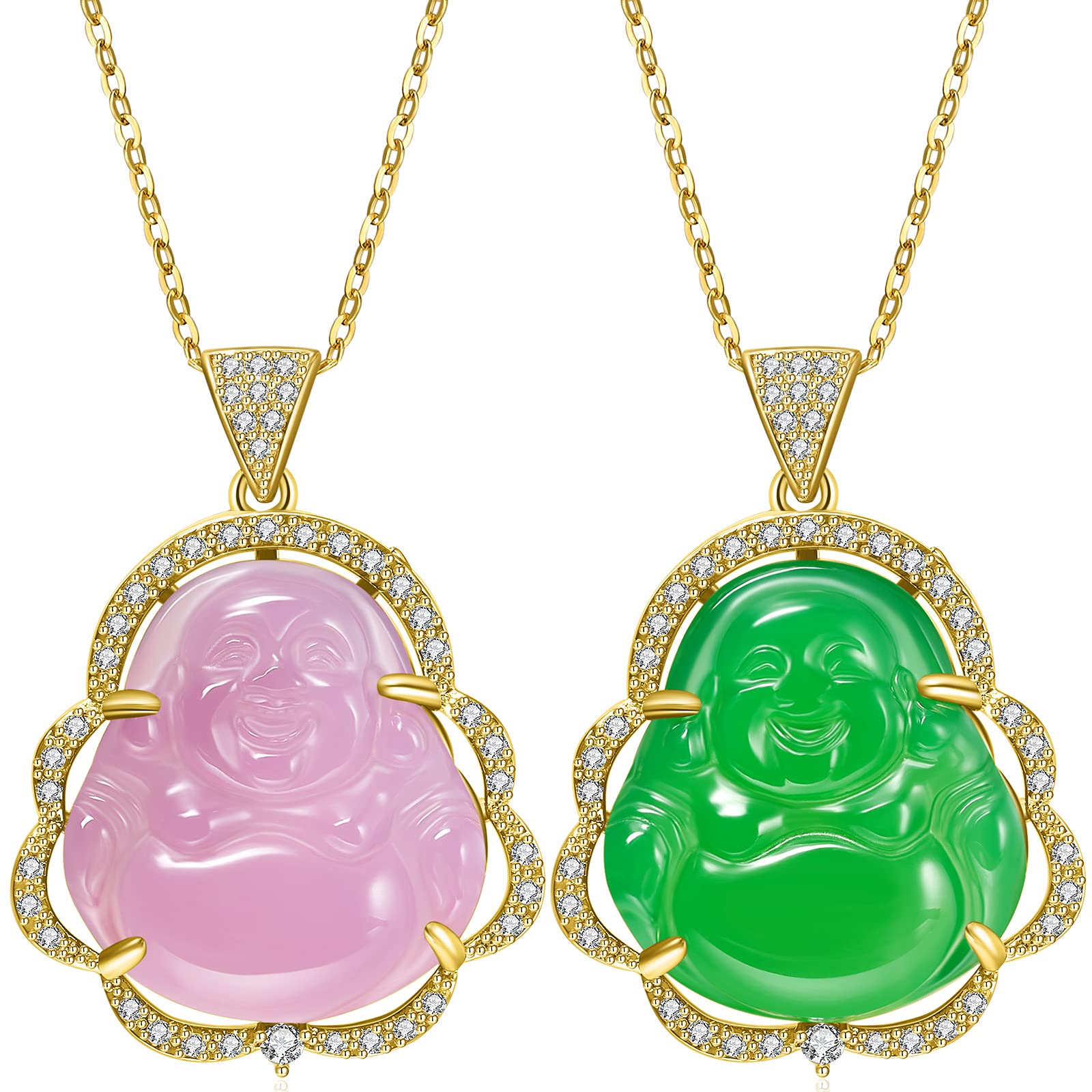 MTLEE Smiling Buddha Necklace, 2 Pieces Jade Pendant for Women & Men, Unisex 18.9inches Chain Necklace, Green & Pink (Crystal Alloy)