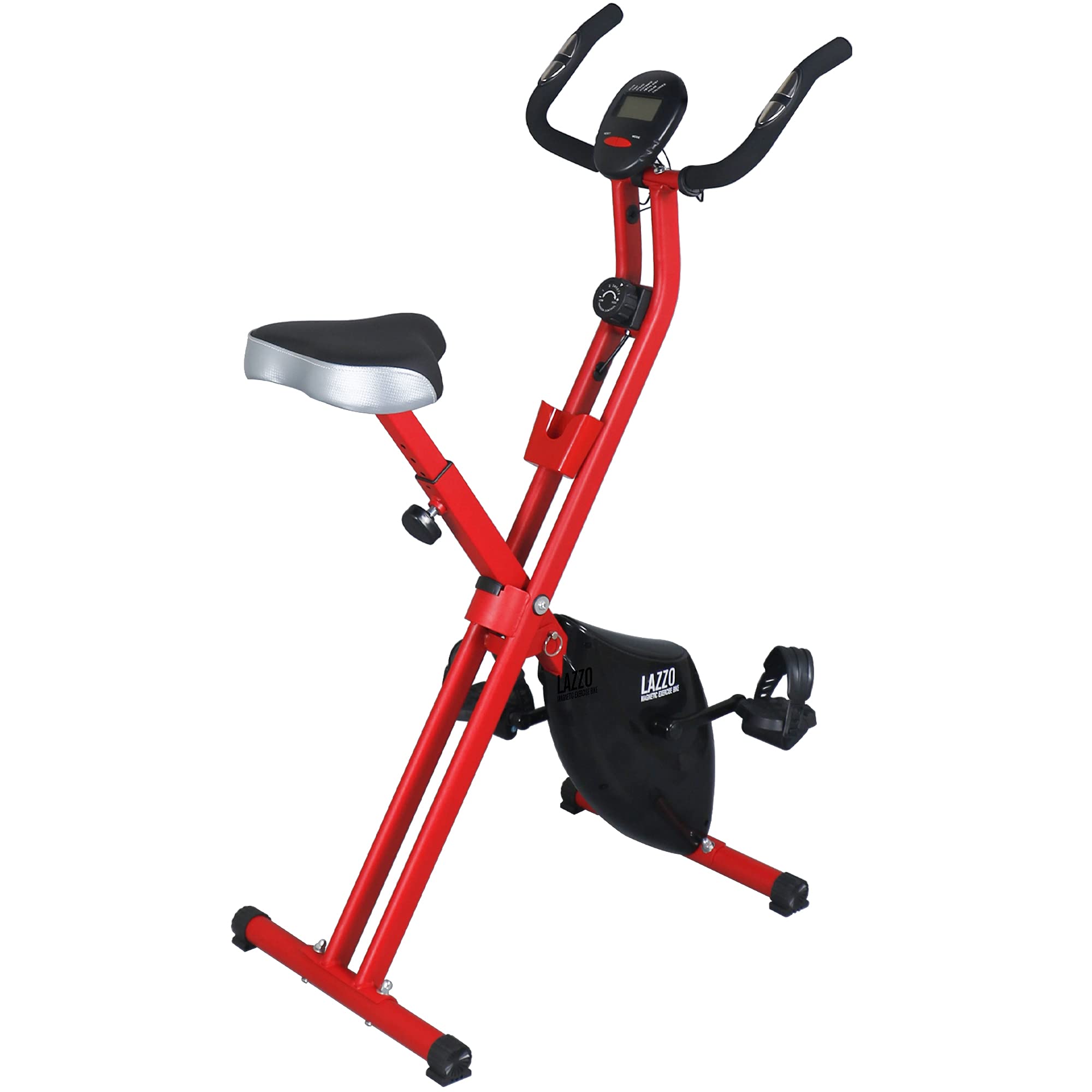 LAZZO Indoor Folding Magnetic Slim Exercise Bike| Bundle Includes Larger Soft seat,8-Levels Adjustable Resistance,Perfect for Home Use| Bear 250 lbs