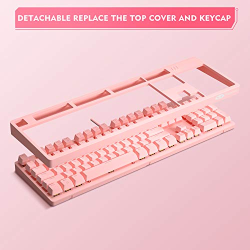 MageGee Mechanical Pink Gaming Keyboard MK-Armor LED Rainbow Backlit and Wired USB 104 Keys Keyboard with Blue Switches, for Windows PC Laptop Game(Pink&White)