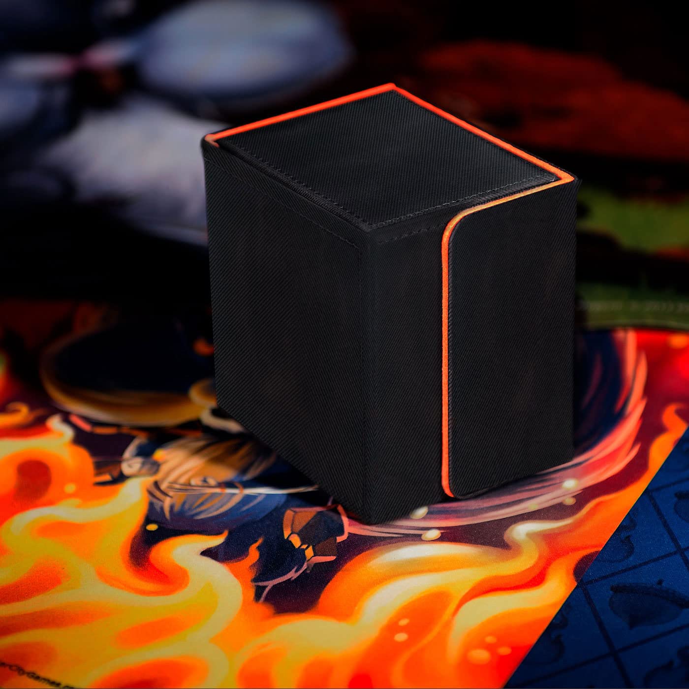 Scimi Card Deck Box for 150+ Sleeved Cards - Fits EDH/Commander/Pokemon/MTG/KeyForge/YuGiOh! / TCG/CCG Packed with 100 Pcs Card Sleeves (Black/Orange)