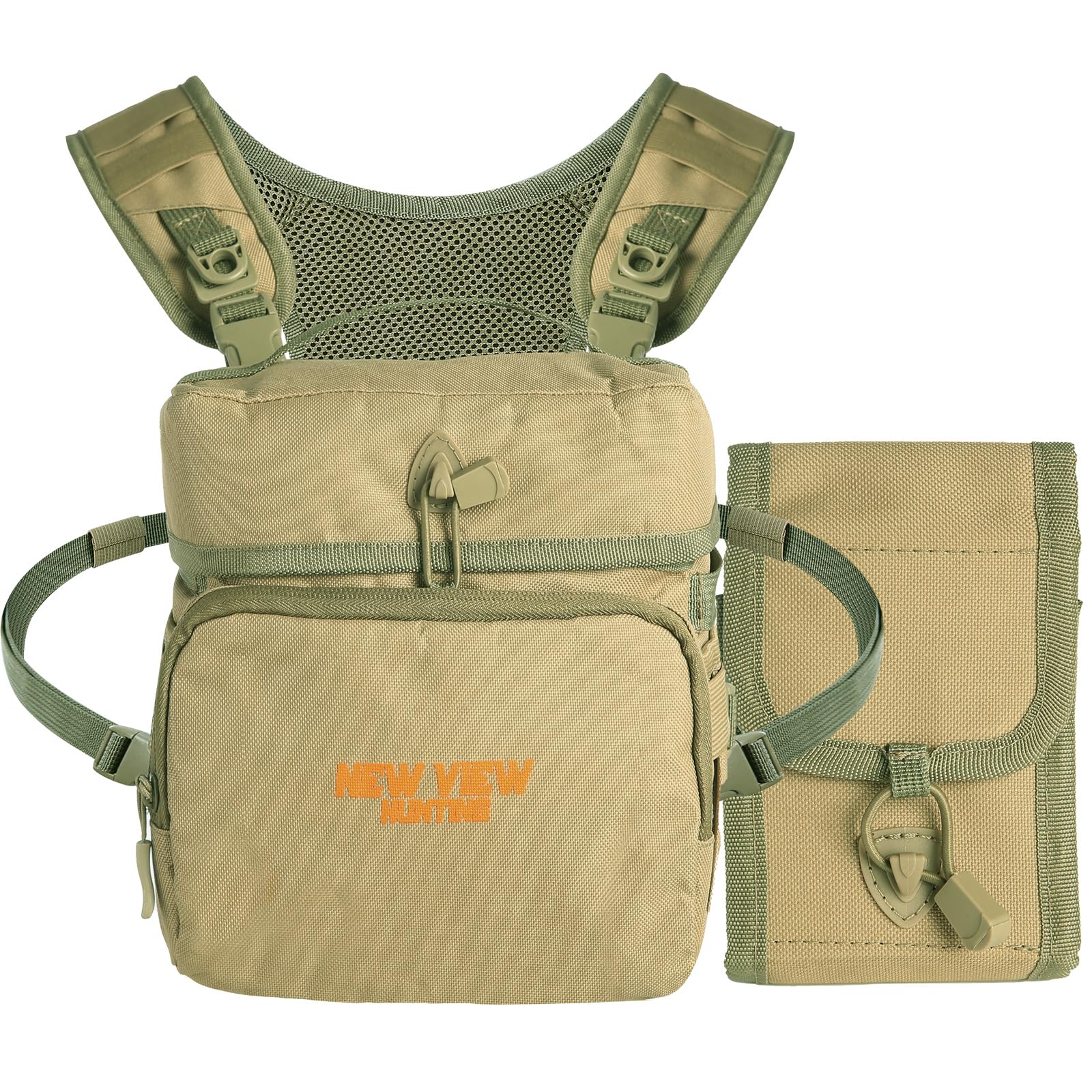 NEW VIEW Binocular Harness Chest Pack with Detachable Rangefinder Pouch, Adjustable Bino Harness & Rain Cover - Ideal for Bird Watching, Hunting, Hiking-Camo M
