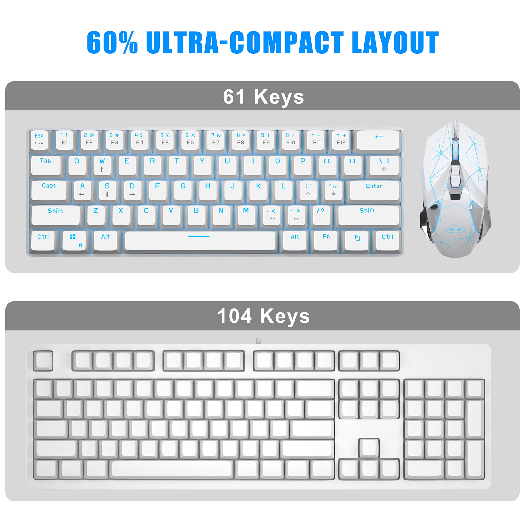 MageGee MK-Mini 60% Mechanical Gaming Keyboard, 61 Keys TKL Compact Gaming Keyboard with Blue Switches, Portable Blue LED Backlit USB Type-C Wired Office Keyboard for PC Laptop Computer, White