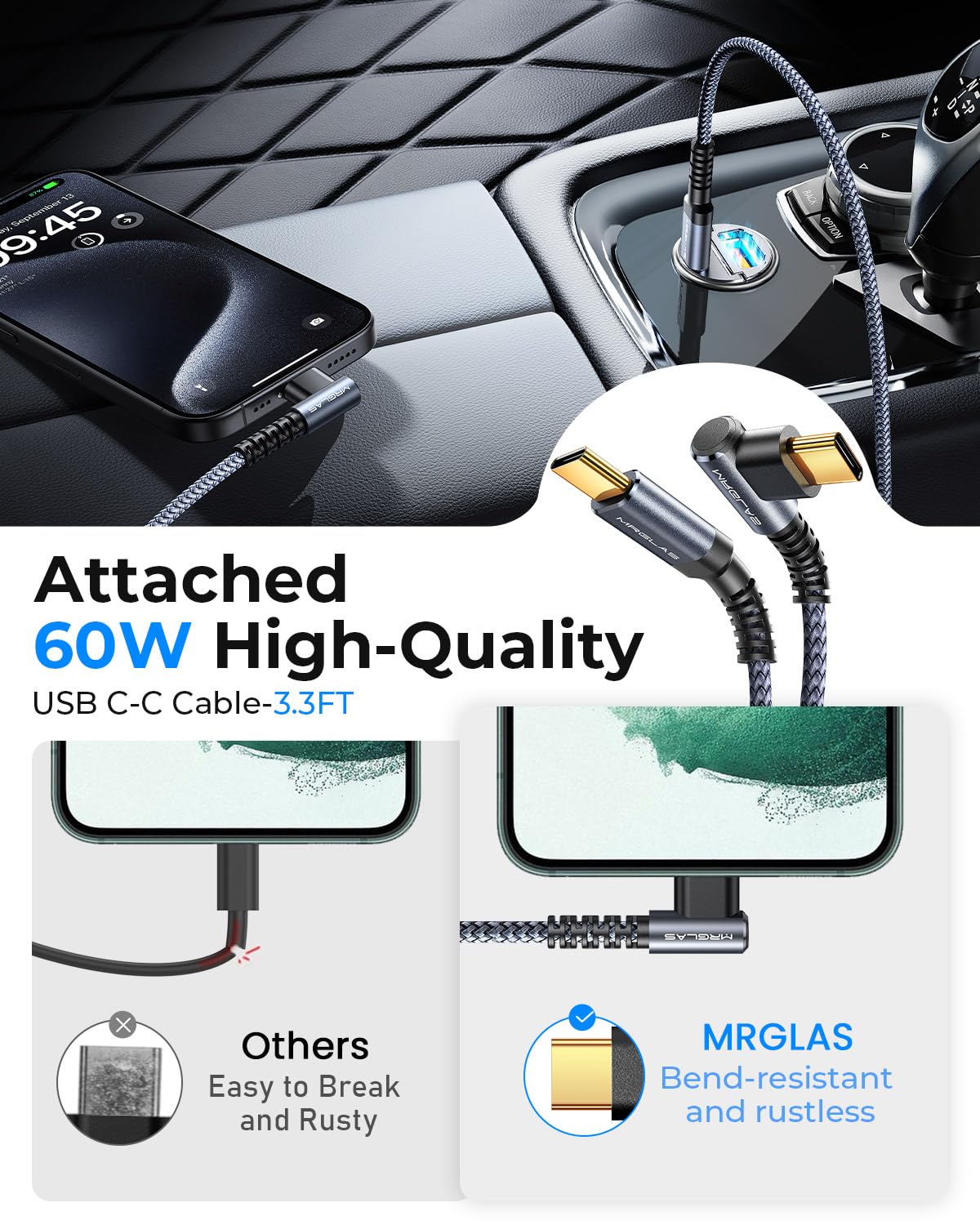 MRGLAS 90W USB C Car Charger Fast Charging, [PD45W & QC45W][Extra 3.3ft Type C Cable][Flush Fit][All Metal], Cigarette Lighter USB Charger for iPhone15 Pro Max Samsung S24 S23 Ultra Pixel 7/7Pro
