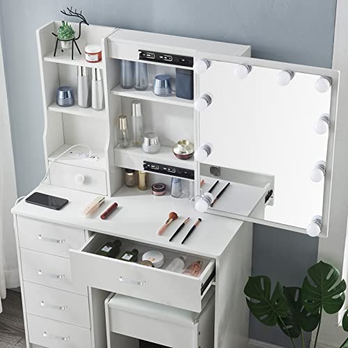 Kkonetoy Makeup Vanity with Ligths and Charging Station, Vanity Desk with LED Lighted Mirror, Vanity Dressing Table Set with 5 Drawers & Cushioned Stool, White Modern Dresser for Bedroom