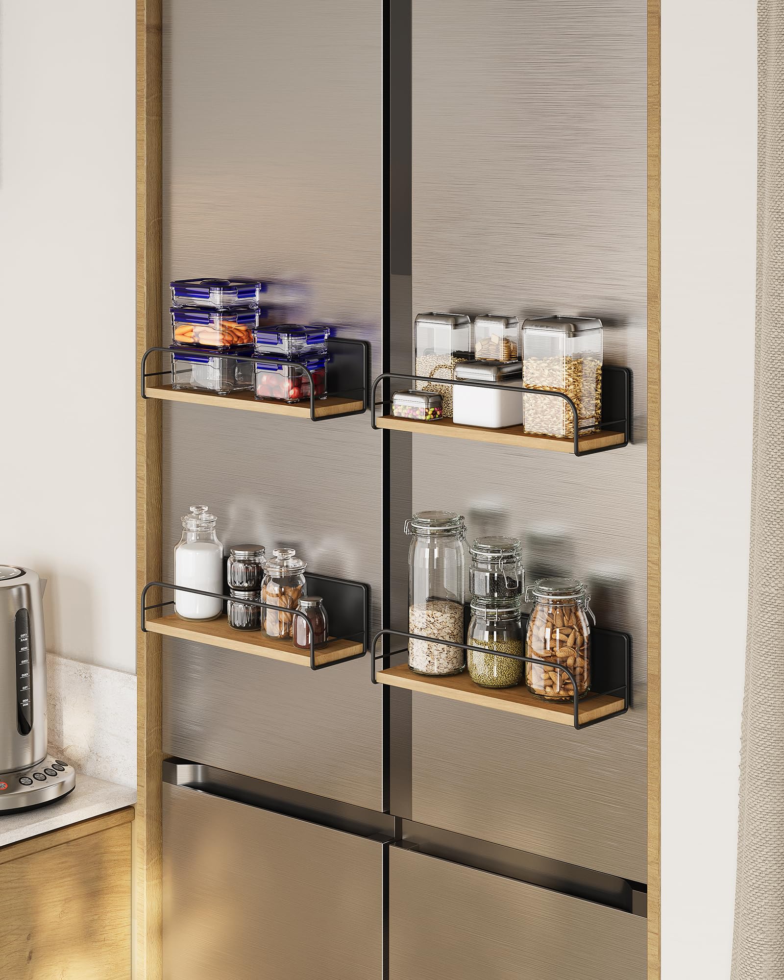 OROPY Magnetic Spice Racks for Refrigerator, Set of 4 Metal Kitchen Spice Organizer Shelf,Strong Magnetic Fridge Wood Holder