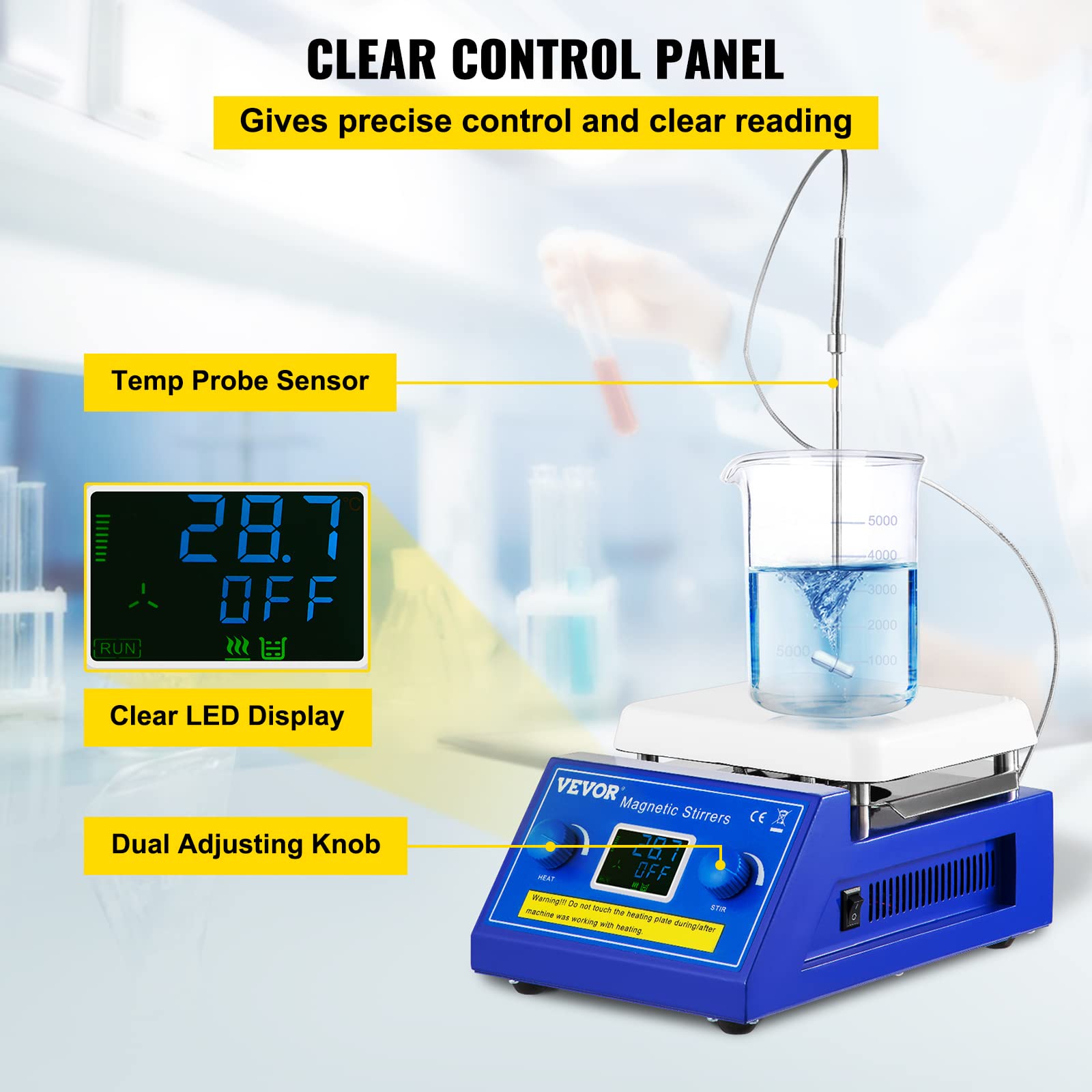 VEVOR Magnetic Stirrer Hot Plate, 5L Capacity Ceramic Coated Hotplate Lab Stirrer 200-2000RPM 608°F/320°C Max Temp Digital Magnetic Stirrer with Temp Probe Sensor and Stirring Bar