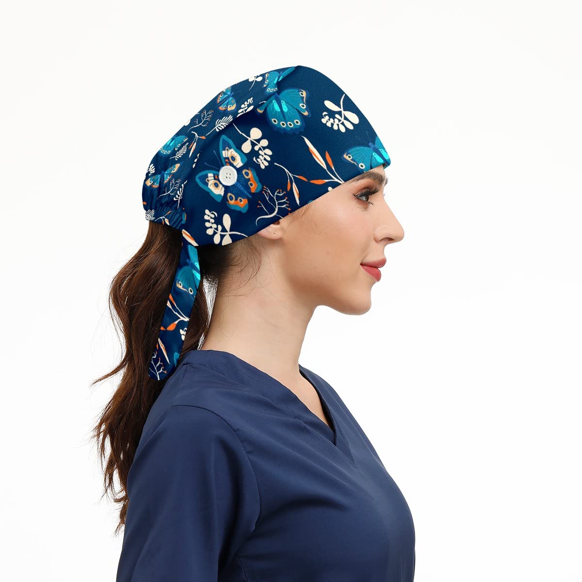 Printed Working Cap Flower Butterfly Grass Insect Plant Blue Working Cap with Button and Sweatband Adjustable Tie Back Hat for Women Men