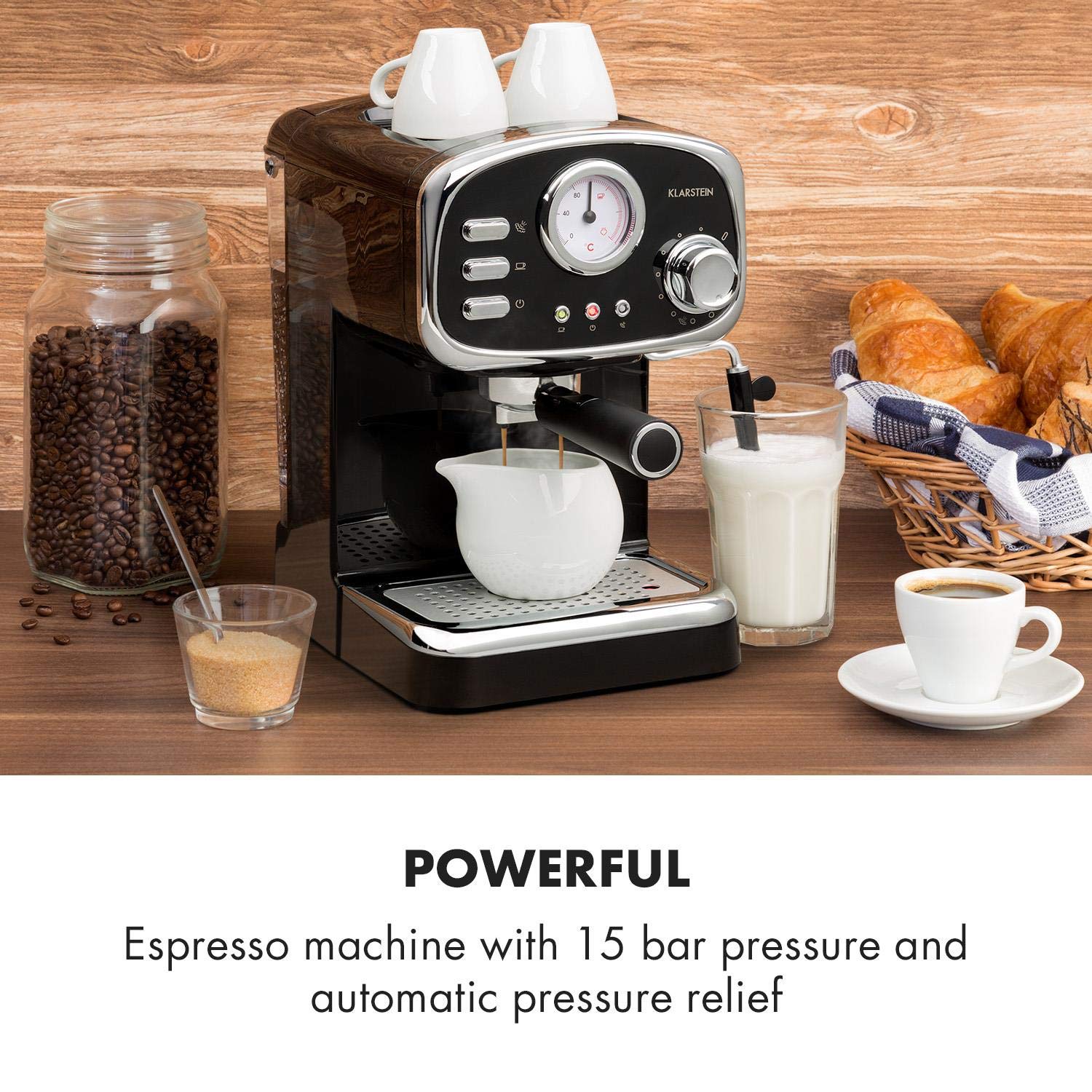 KLARSTEIN Espressionata Gusto - Espresso Maker, 20 Bar Pump Pressure, 1100 Watts, Makes 6 cups (0.3 gallon), Removable Stainless-Steel Drip Grid, Dishwasher-Safe Drip Tray, Retro Look, Black