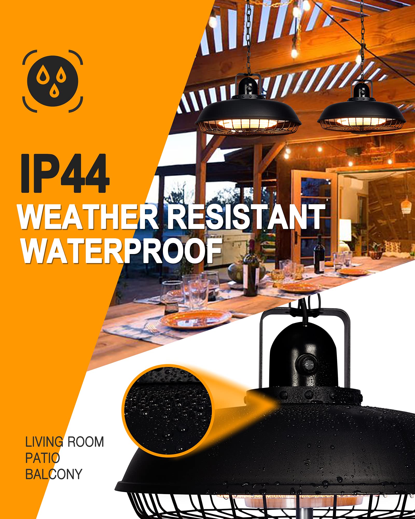 Star Patio Electric Patio Heater, Outdoor Ceiling Heater With Remote Control & Touch Switch, 700/800/1500W Hanging Patio Heater With UFO Shape Sandy Black, Infrared Heater, IP44 Waterproof, STP2036-B