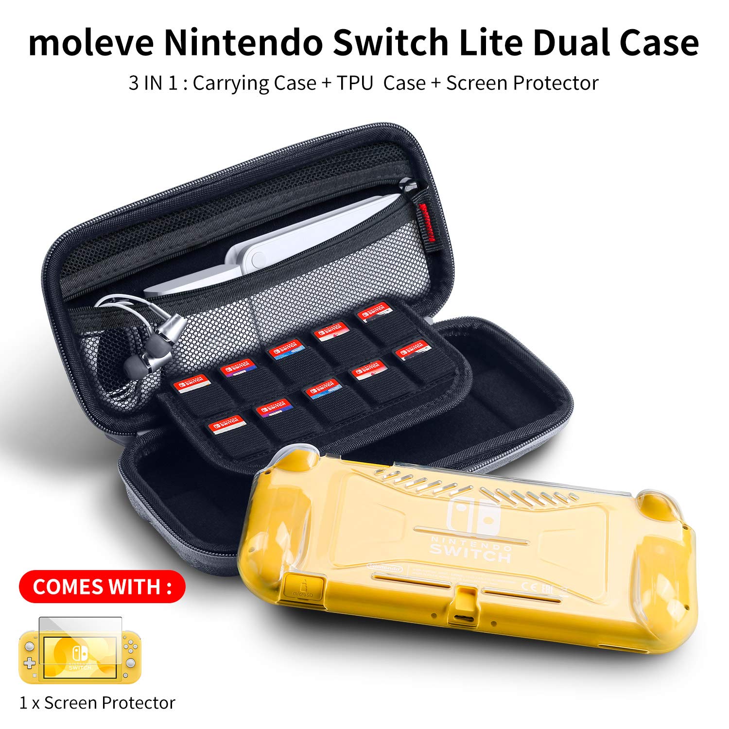 moleve Nintendo Switch Lite Case with TPU Switch Lite Clear Case & Switch Lite Screen Protector, Portable Carrying Case for Nintendo Switch Lite 2019, Switch Lite Accessories