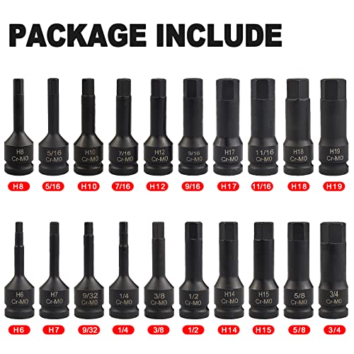SEKETMAN 20Pcs 1/2" Drive Master Impact Hex Bit Set,Allen Bit Socket Set,1/4" - 3/4", 6mm - 19mm,SAE/Metric, Cr-Mo
