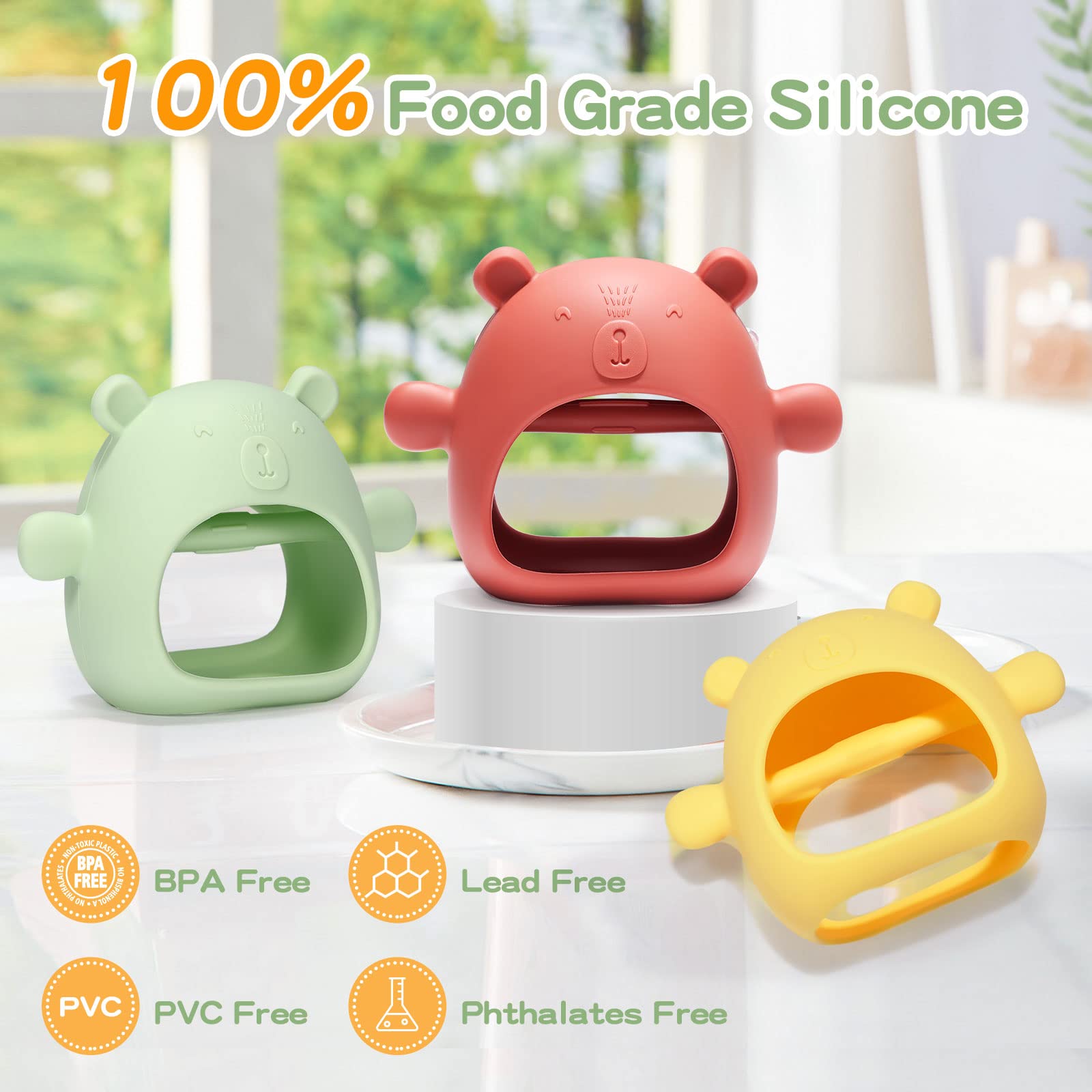 Silicone Teething Toys for Babies 3-6 Months - 3 Pack Never Drop Teething Mittens for Infants 6-12 Months, Mushroom Penguin Hand Teethers, Baby Chew Toys for Sucking Needs - Dishwasher Safe