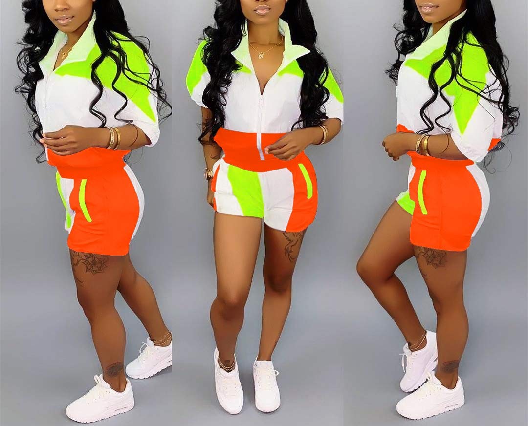 Molilove Women 2 Piece Windbreaker Tracksuit Zip Jacket Crop Tops and Shorts Pants Tracksuit Outfits