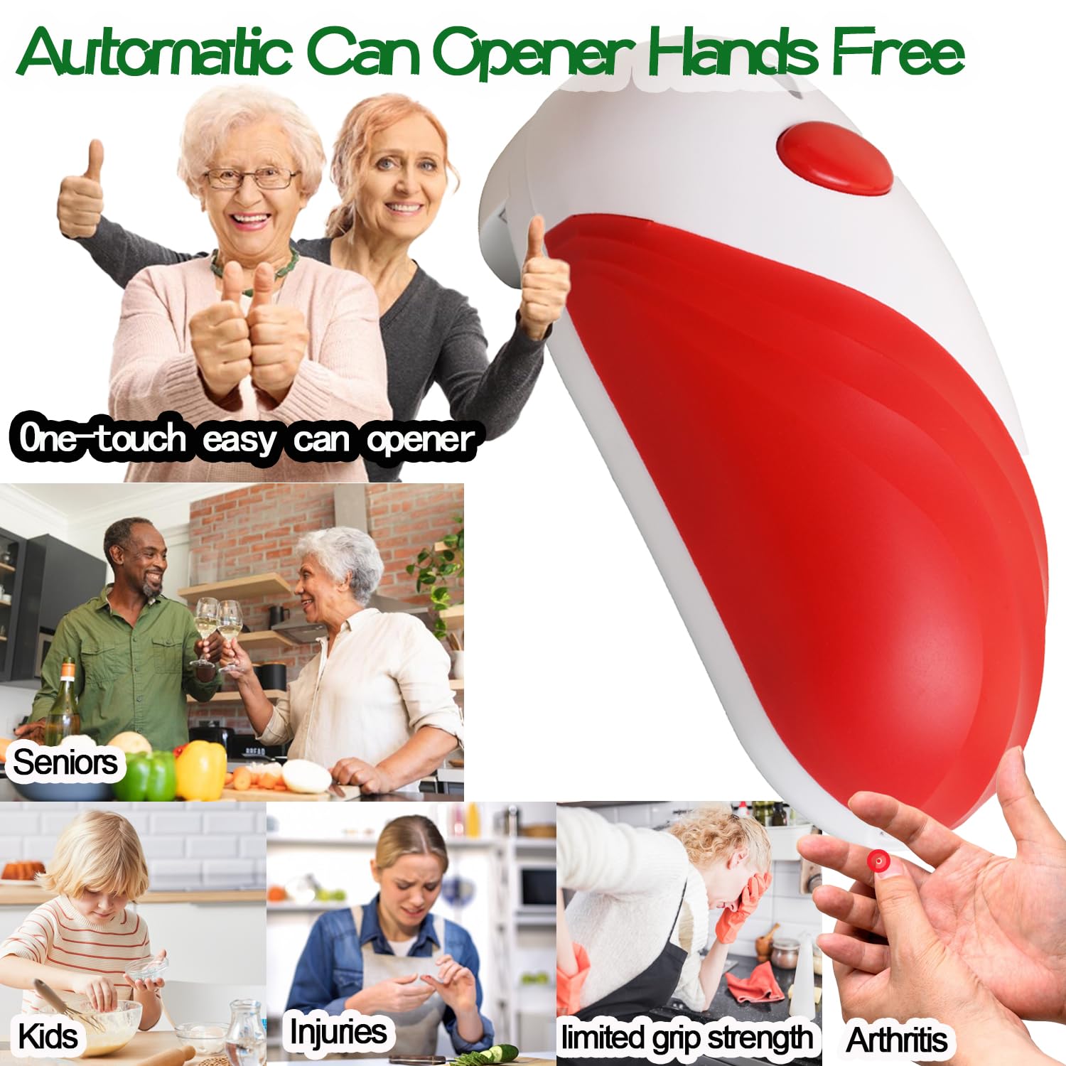 VEMJO Electric Can Opener For Kitchen One Touch Start Hands Free Automatic Can Opener Electric for Almost Cans Battery Operated Can Opener For Seniors and Arthritis Smooth Edge Food-Safe (Red), Small