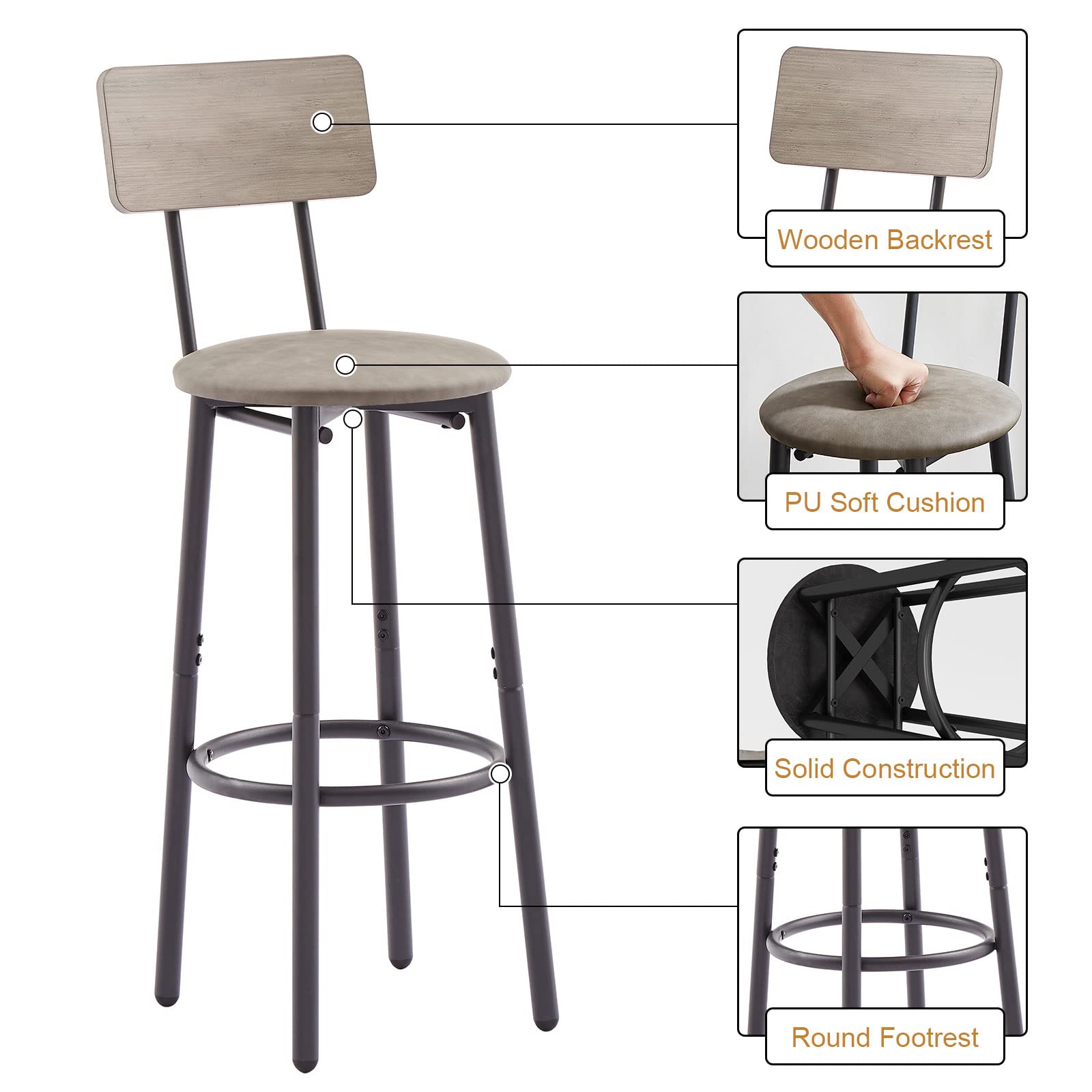 KIVENJAJA Bar Table and Chairs Set for 4, 5-Piece Rectangle Pub Bistro Table and PU Upholstered Stools with Backrest, Counter Height Dining Table Set for Kitchen Breakfast Nook Restaurant, Grey