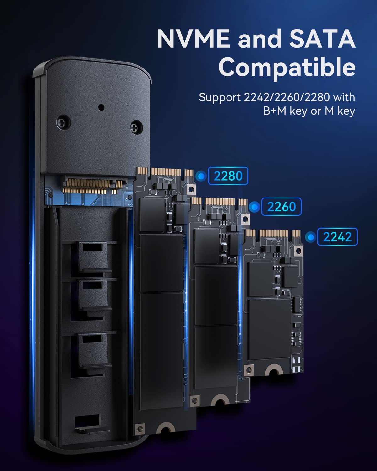 Viagkiki Aluminum M.2 NVME SATA SSD Enclosure Adapter, 10Gbps USB 3.2 Gen 2 HDD Enclosure Reader, Tool-Free NVME External Enclosure Supports M&B+M Keys 2242/2260/2280 ( with USB C & USB A Cables)