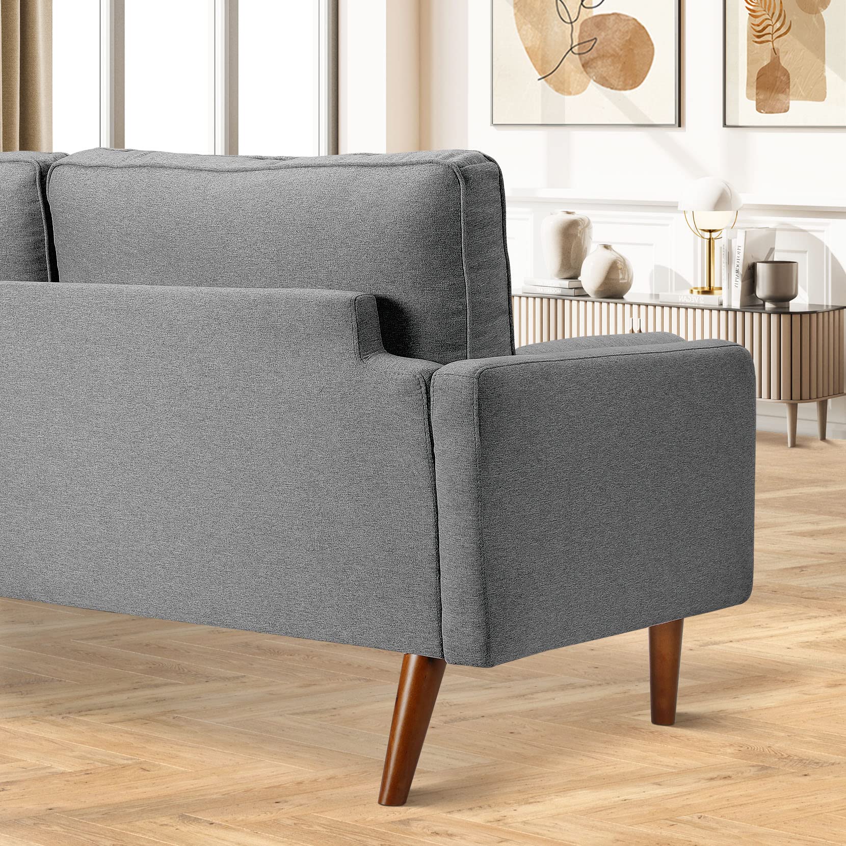 koorlian Sofa Couch, 2 Seater Fabric Loveseat, Mid Century Modern Couches for Living Room, Button Tufted Seat Cushion, Square Armrest, 2 Throw Pillows, Fit for Small Spaces, Dorm, Apart, Grey