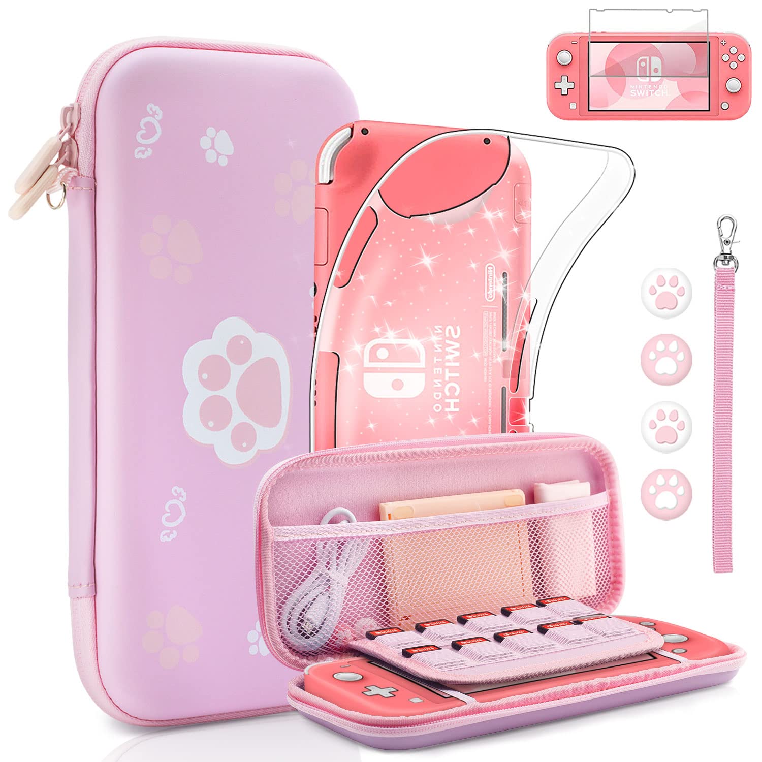 Protective Case Compatible with Nintendo Switch Lite, Portable Hard Travel Carrying Case Shell Bag with Glitter Clear Soft TPU Protective Cover, Screen Protector, Thumb Grip Caps【9 in 1】