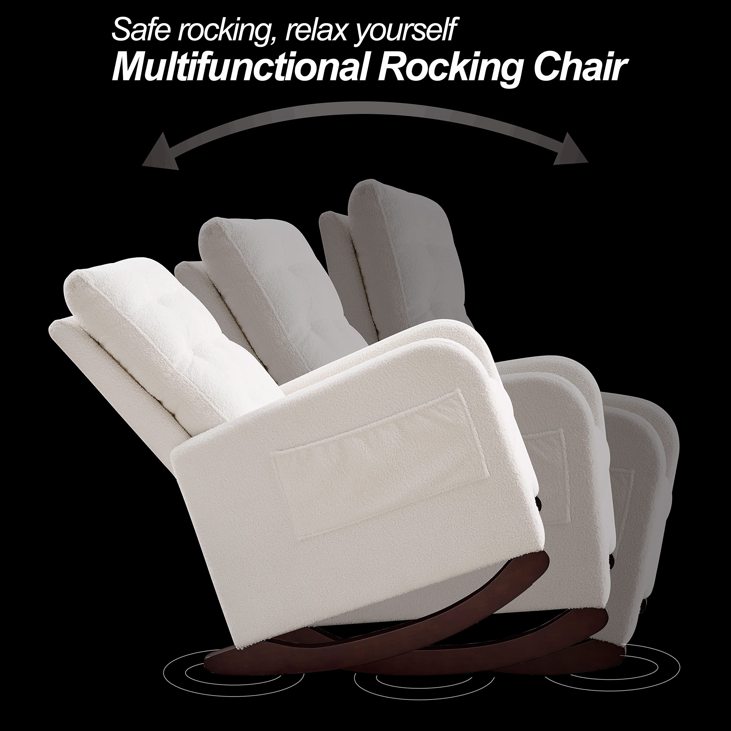 Modern Accent Rocking Chair, Button Tufted Upholstered Glider Rocker for Nursery, Comfy Armchair with Side Pocket, Lounge Chair with High Backrest for Living Room, Bedroom, Office (White Teddy)