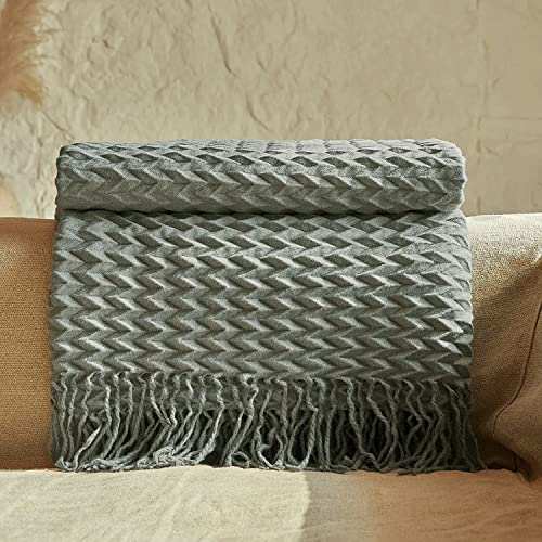 ZonLi Thin Throw Blanket 70"x50" for Couch Light Sage Green and Grey Boho Shawl Blanket Soft Decorative Lightweight Bed Throws with Tassels for Living Room Chair Sofa Travel Bed Throws