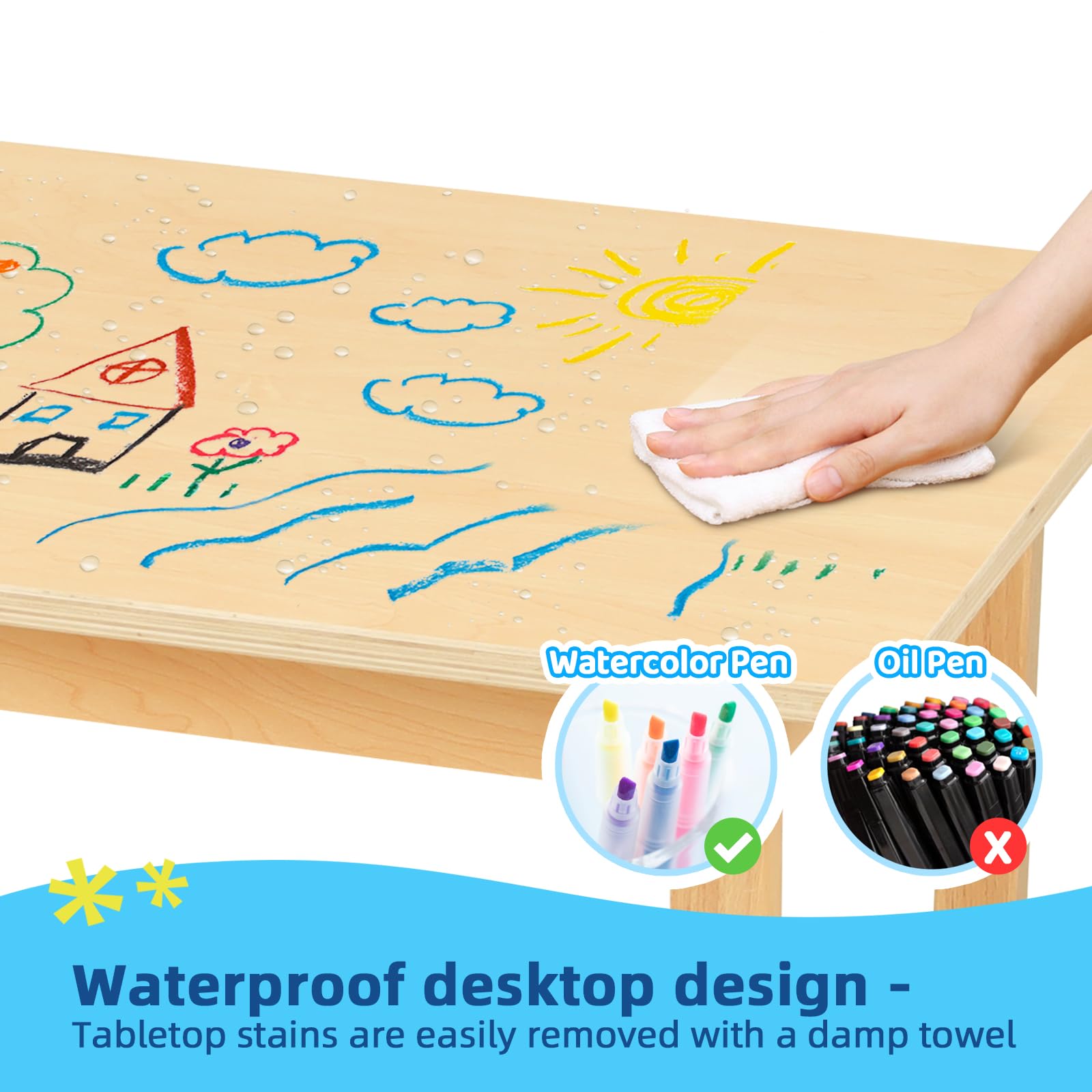 OOOK Kids Table and 4 Chairs Set, Poplar Plywood, More Spacious Space for Kids Graffiti Desktop, 47''X24'', Children Multi-Activity