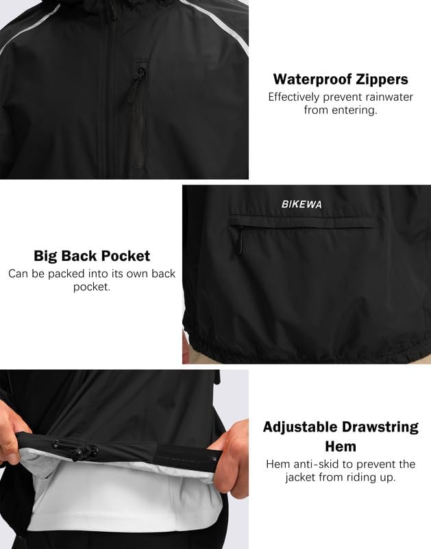 Men's Cycling Rain Jackets Waterproof Running Windbreaker Hooded Reflective Bike Hiking Biking Windproof Bicycle Riding(Black,XL)