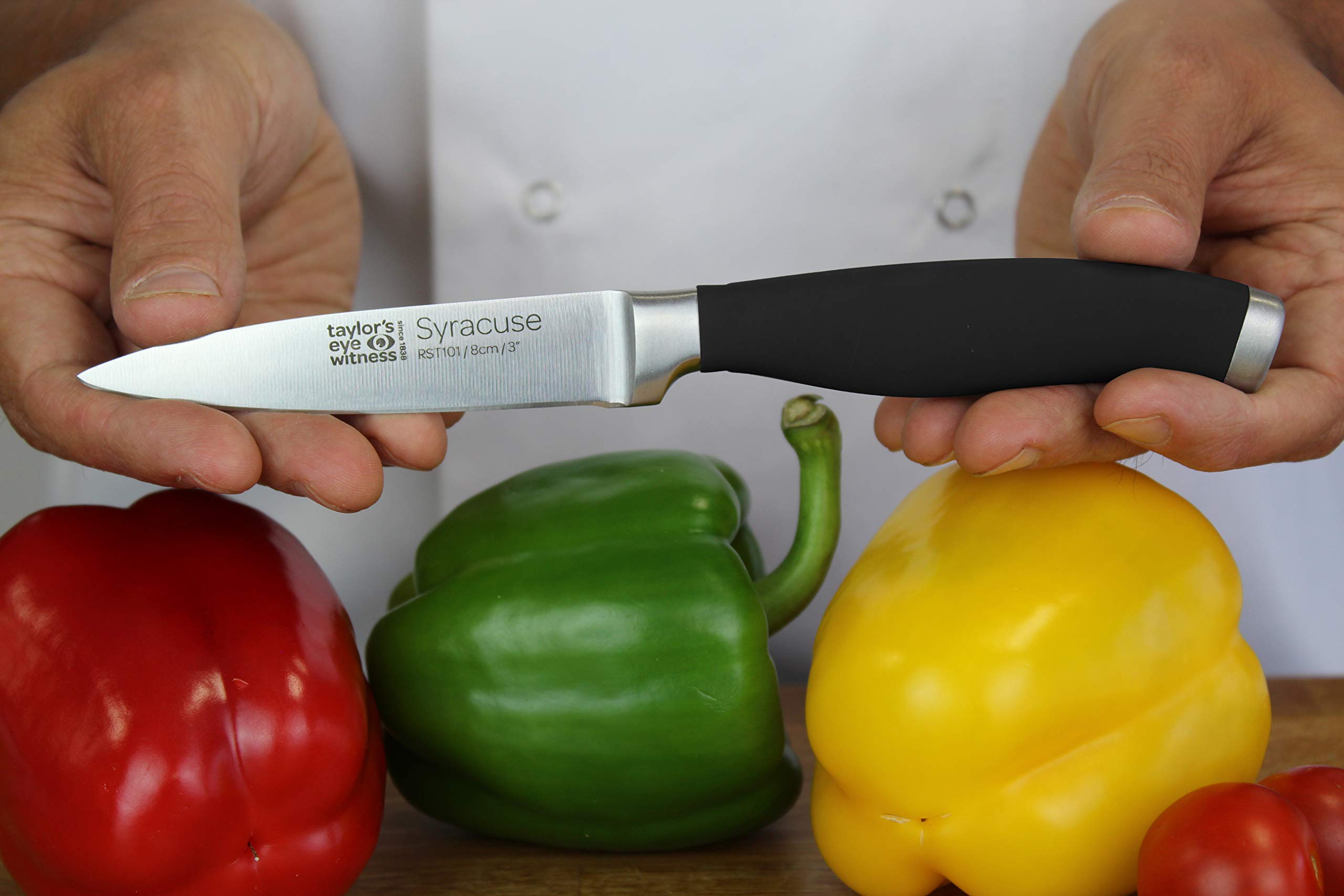 Taylors Eye Witness Syracuse Vegetable Paring Kitchen Knife - Professional 8cm/3.5β Cutting Edge, Multi Use. Ultra Fine Blade, Precision Ground Razor Sharp. Soft Textured Grip Matte Black Handle.