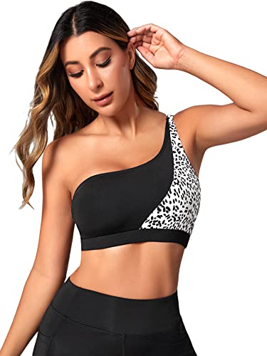 Milumia Women One Shoulder High Impact Sports Bras Leopard Print Workout Yoga Bra Crop Tank Top Black Medium