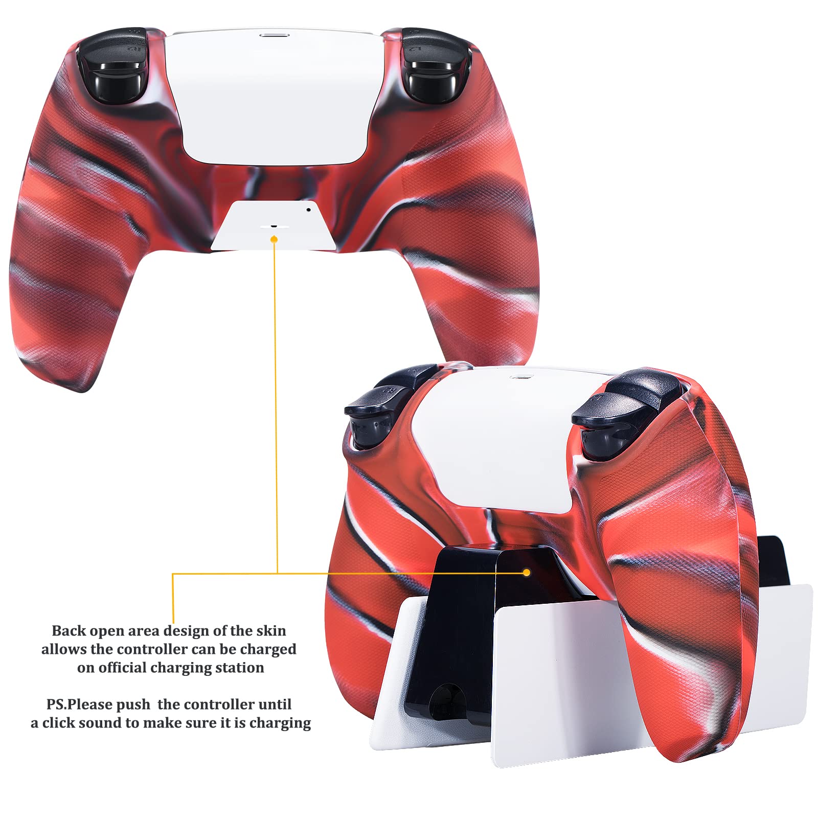 Pandaren Grip Texture Silicone Skin for PS5 Dualsense Controller x 1 Camouflage red with Pro Thumb Grips x 8
