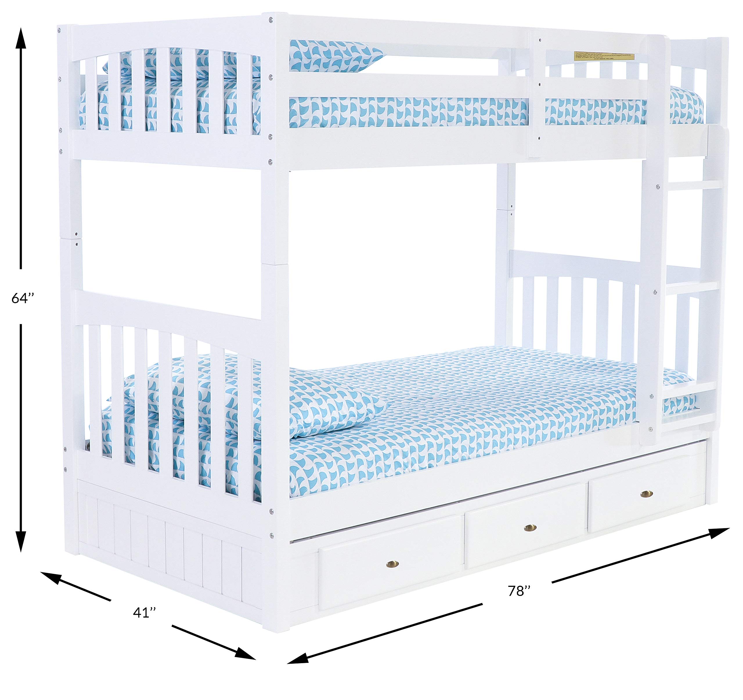 OS Home and Office Furniture Model 0210R-TTW, Solid Pine Twin Bed with Three Drawers in White Bunk